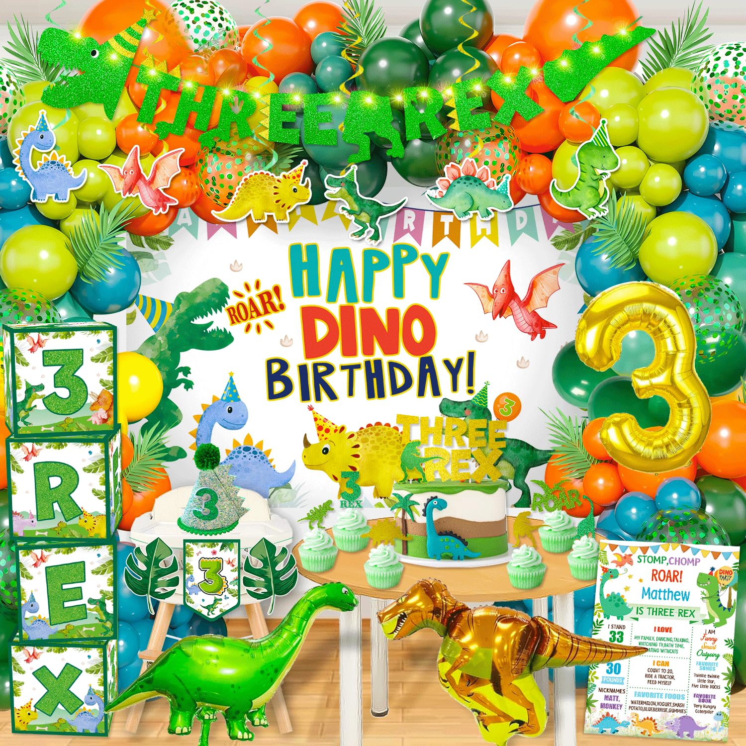 Amazon.com: cocomigo 147pcs Three Rex Birthday Decorations Boy ...