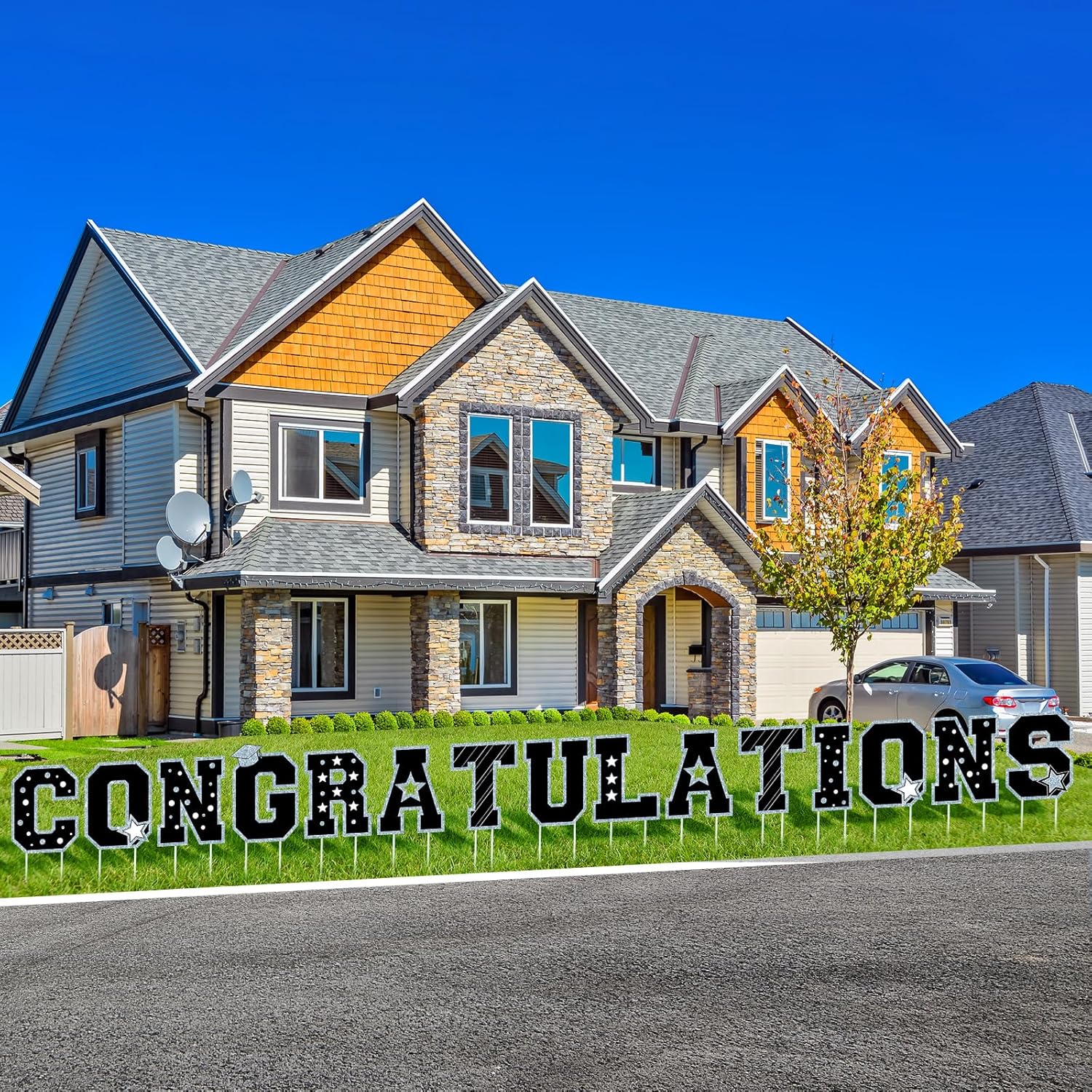 Amazon.com : 15Pcs Congratulations Yard Sign Black Silver Graduation ...