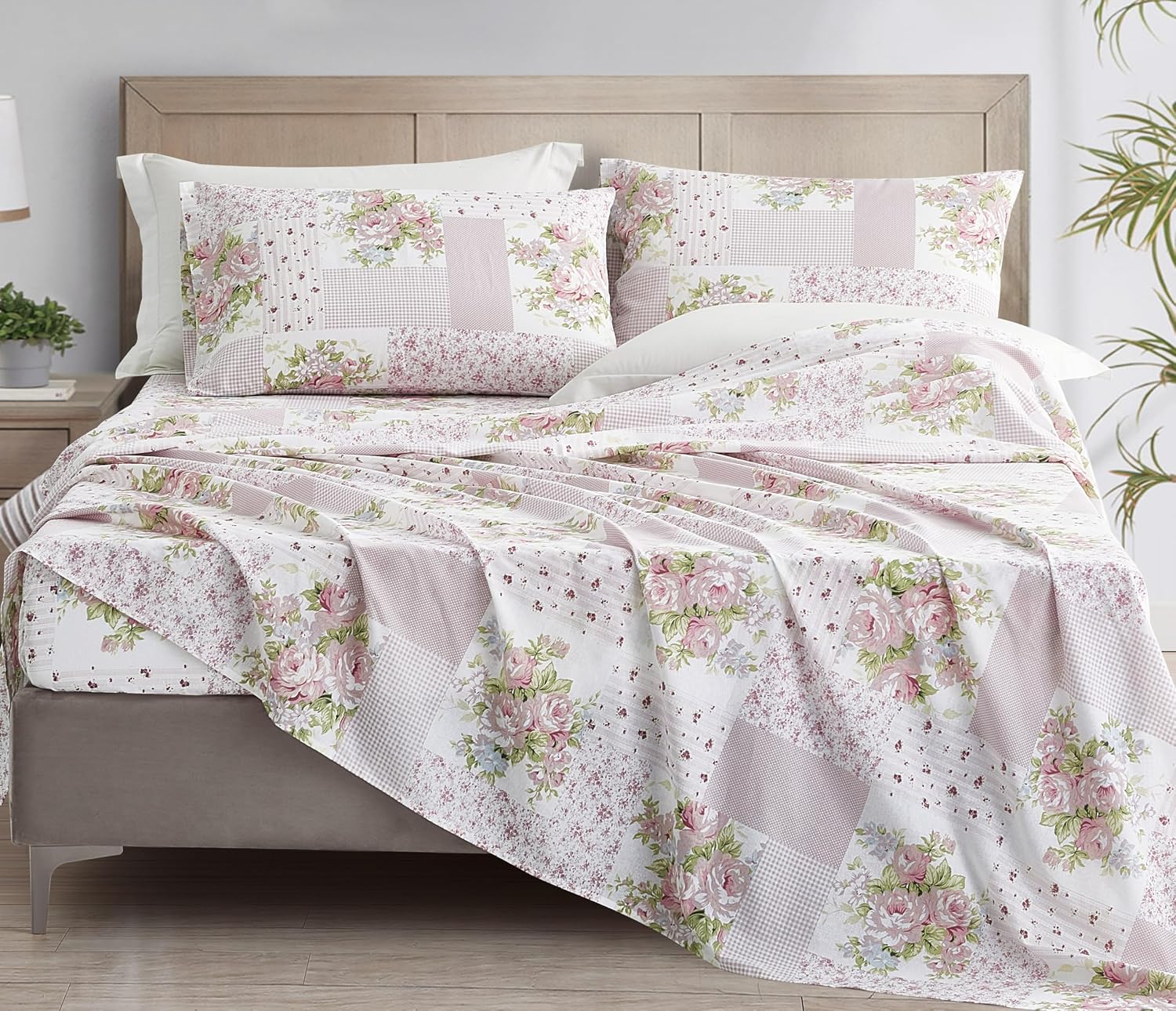 Amazon.com: Chezmoi Collection Rosy 4-Piece Floral Patchwork Cotton ...