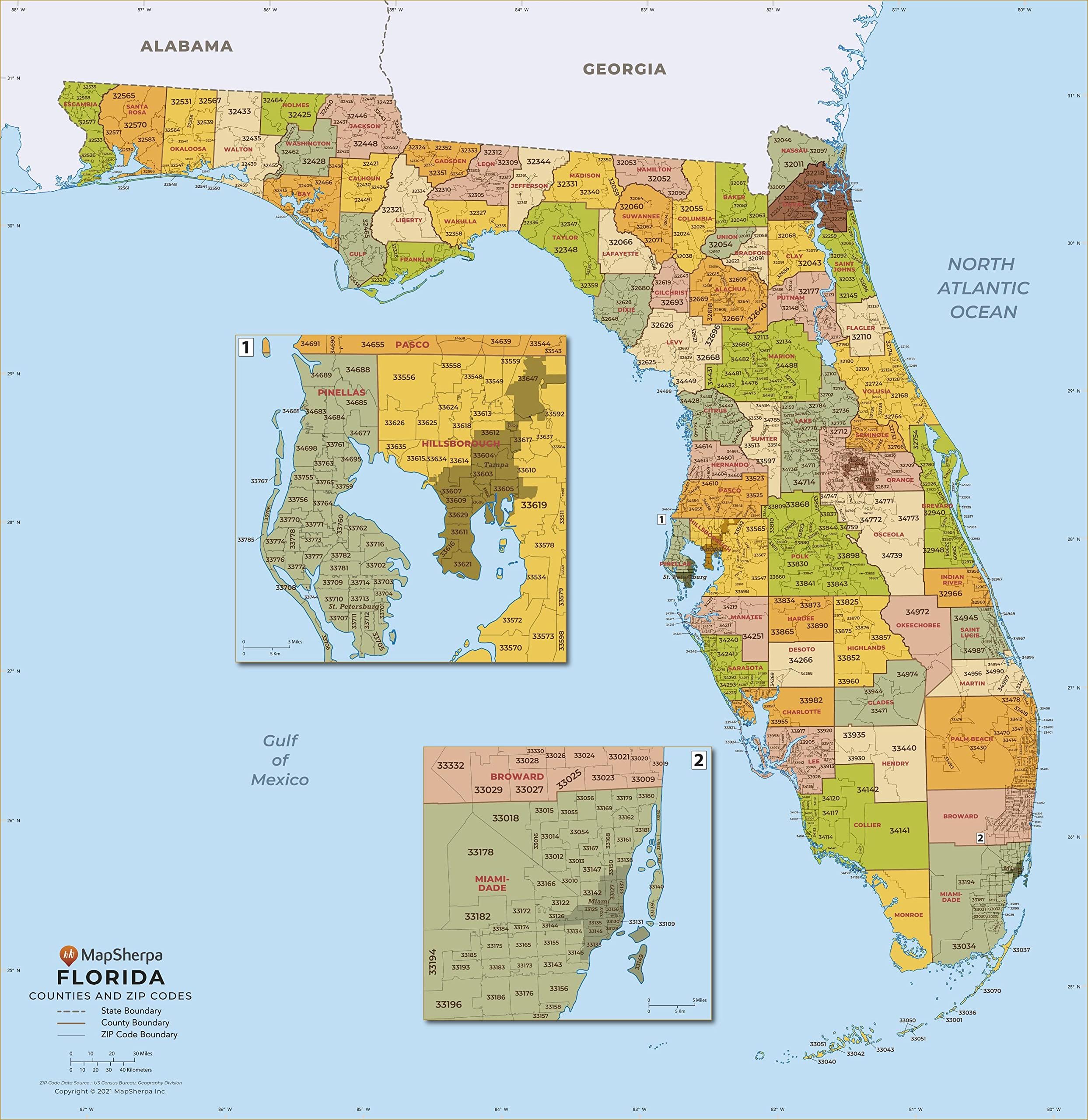 Amazon.com : Florida ZIP Code Map with Counties - Extra Large - 60" x ...