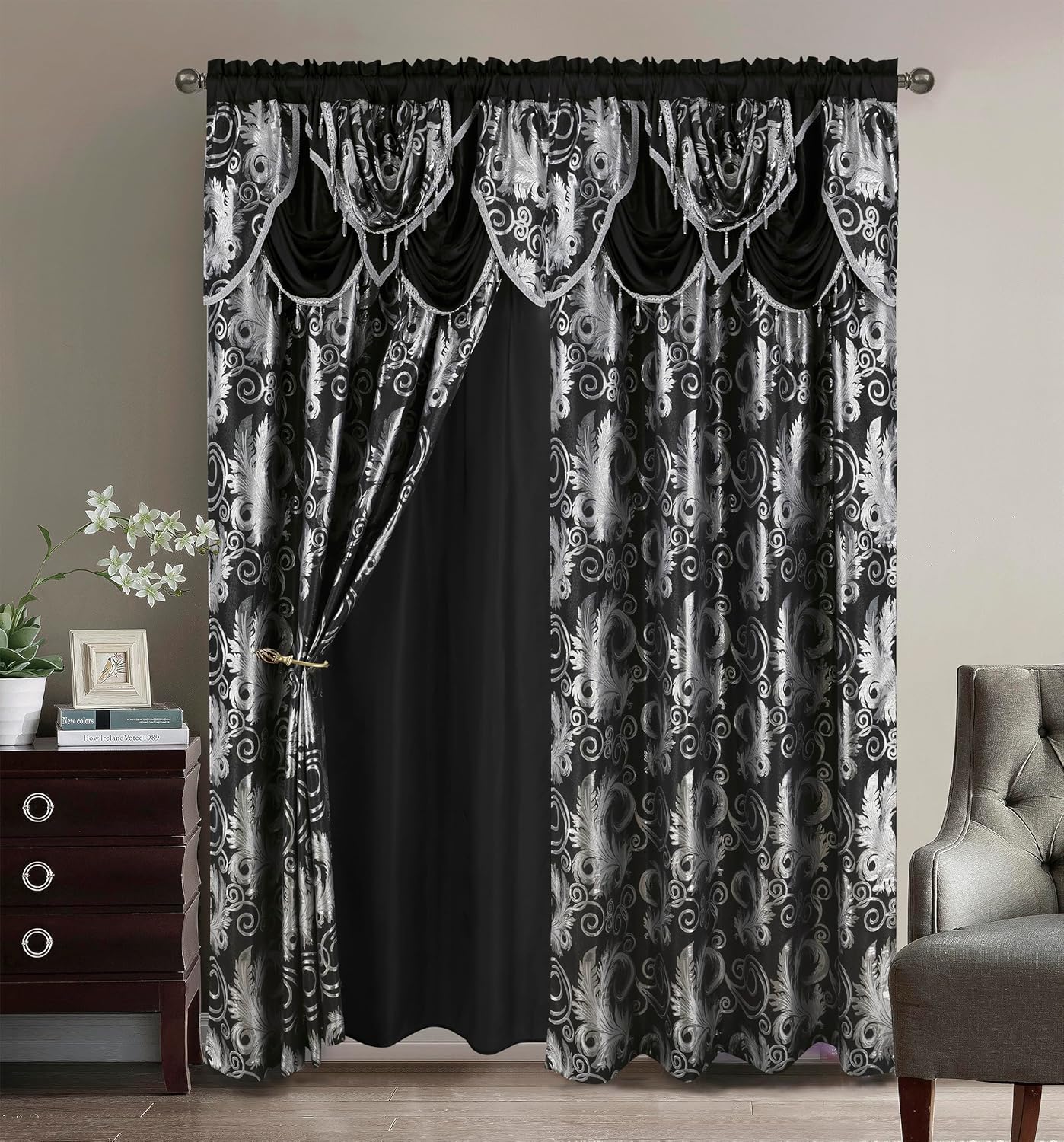 GLORY RUGS Jacquard Luxury Window 2 Panel Set Black Curtain with ...