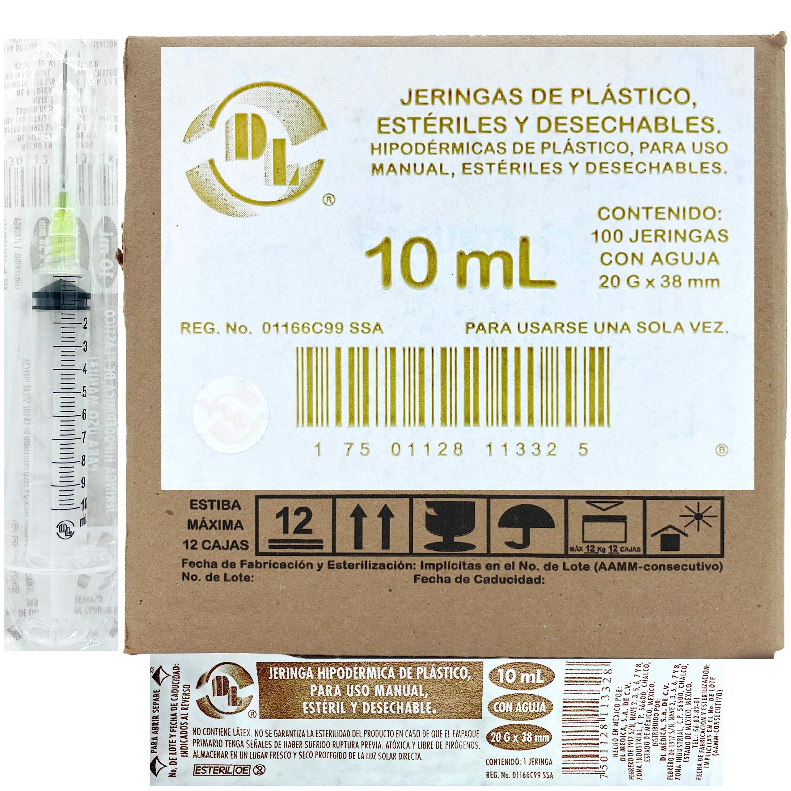 Caja De 100 Jeringas 10 Ml Con Aguja 20 G X 38 mm : Amazon.com.mx ...