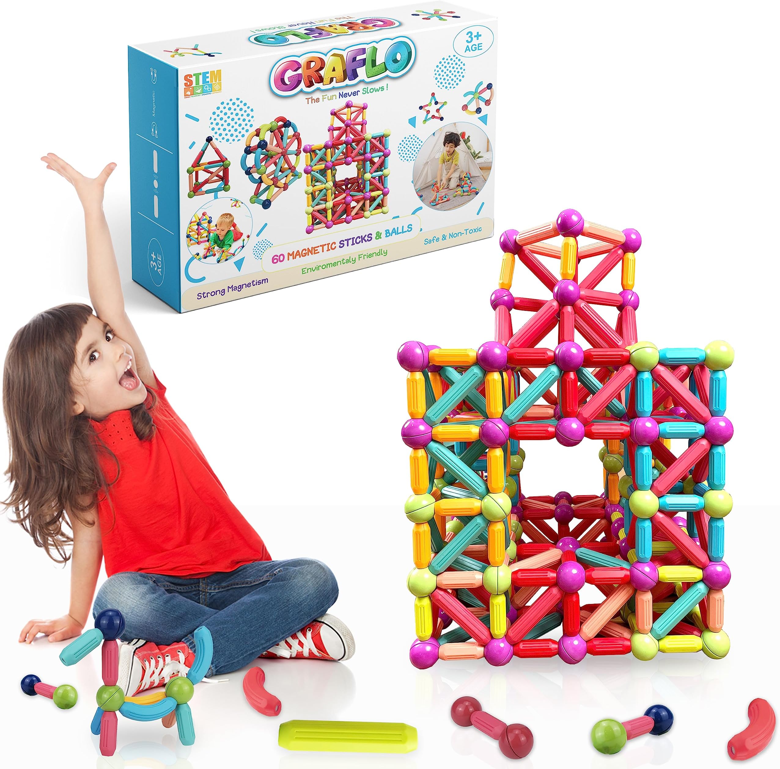 GRAFLO Magnetic Building Blocks - Magnetic Sticks and Balls Game Set ...