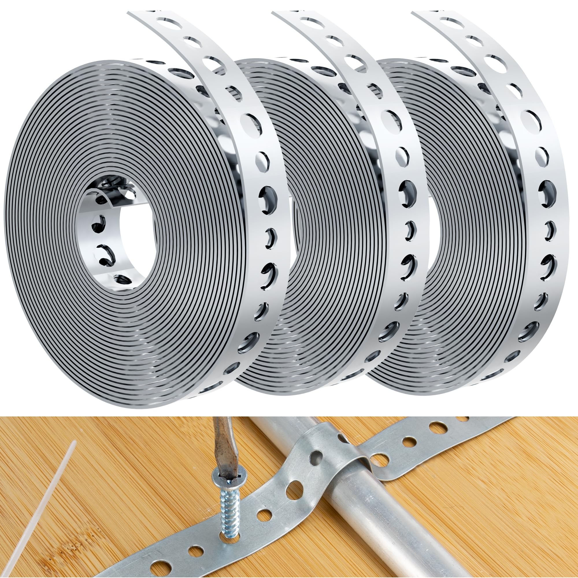 U0U 3 Rolls Galvanized Pipe Metal Strapping with Holes,3/4 Inch x 10 ...