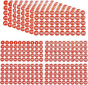 12 Sheets 1 Inch Number Stickers 1-200 Number Stickers 3 Sets Red Self ...