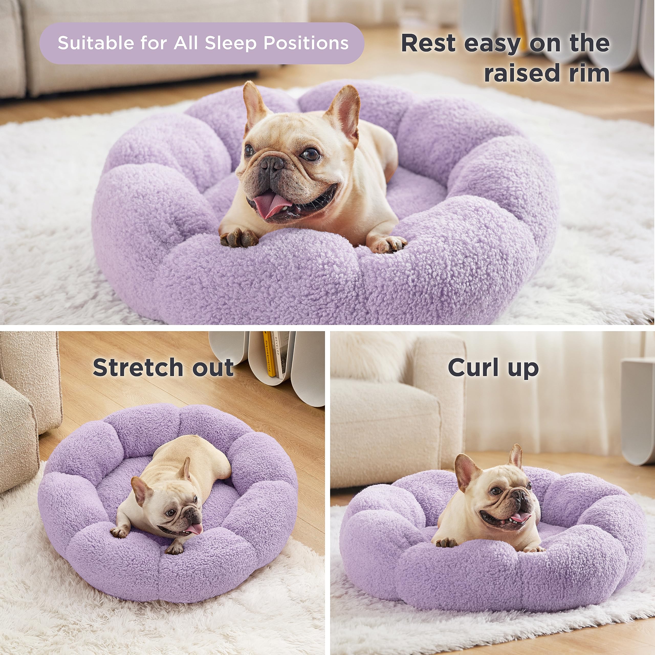 Lesure Calming Medium Dog Bed - Flower Donut Round Fluffy Puppy Bed in ...