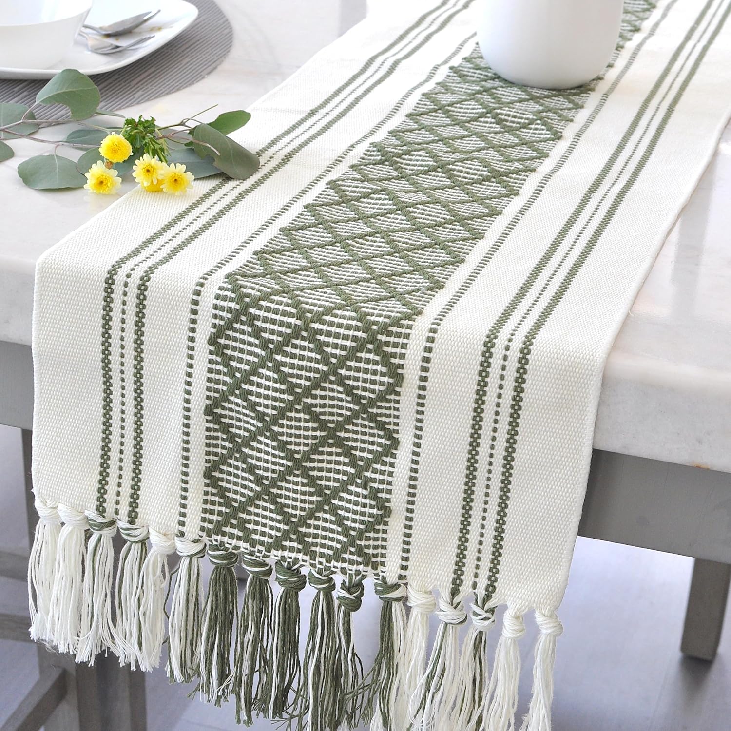 Amazon.com: Short Dining Table / Coffee Table Runner with Boho Tassels ...