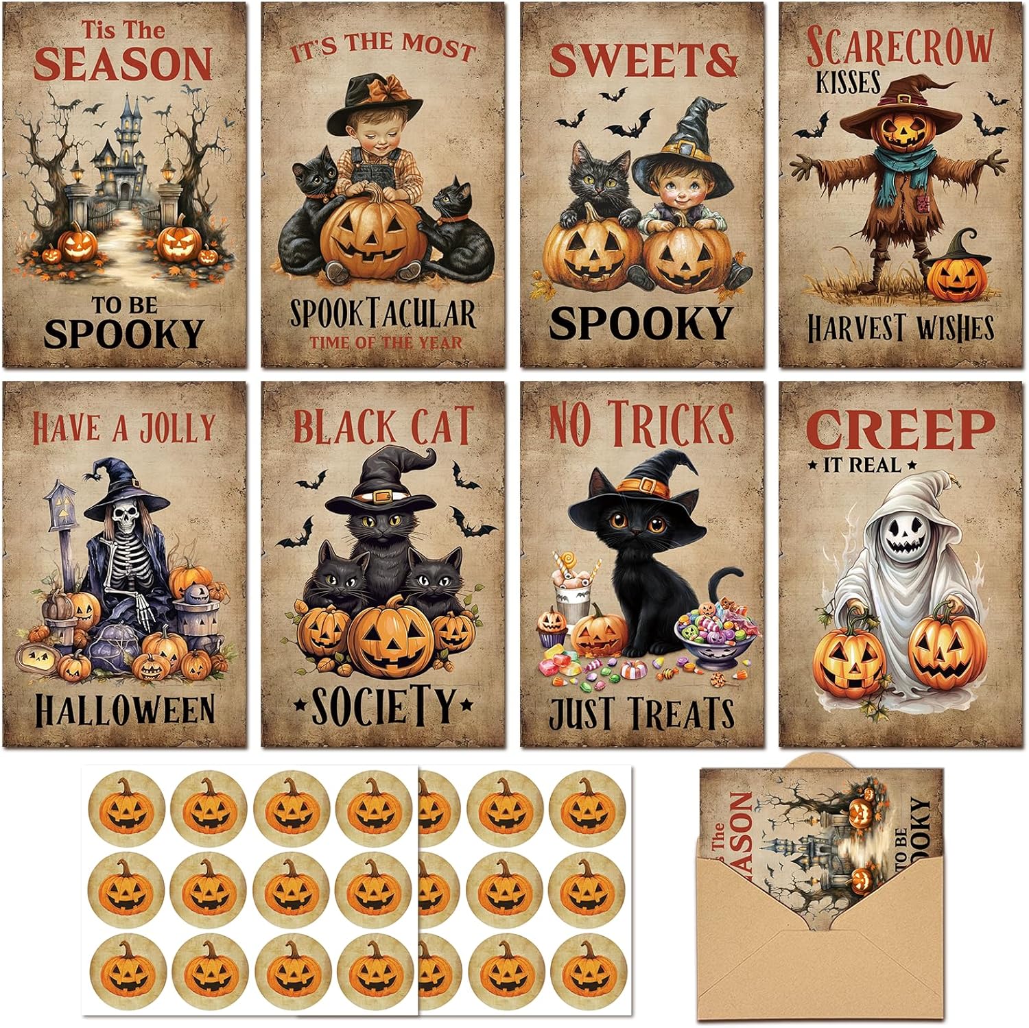 Amazon.com: Obbyidk 24 Vintage Halloween Card Set, Retro Halloween ...