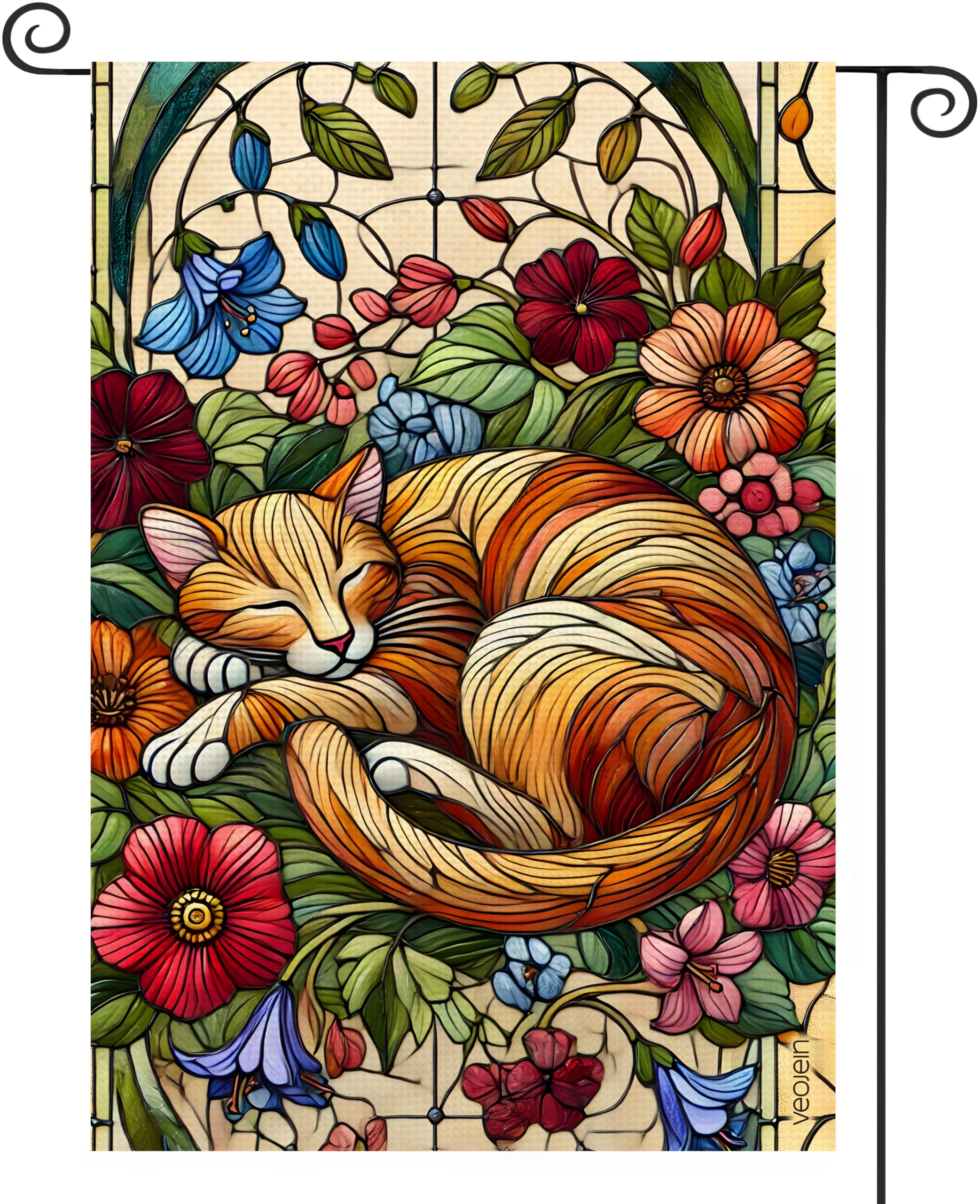 Amazon.com : Cat in Garden Stained Glass Welcome Burlap Garden Flag ...
