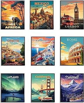 Amazon.com: Eastern Print Set Of 9 Vintage Travel Posters, City Prints Wall Decor, Travel Wall ...
