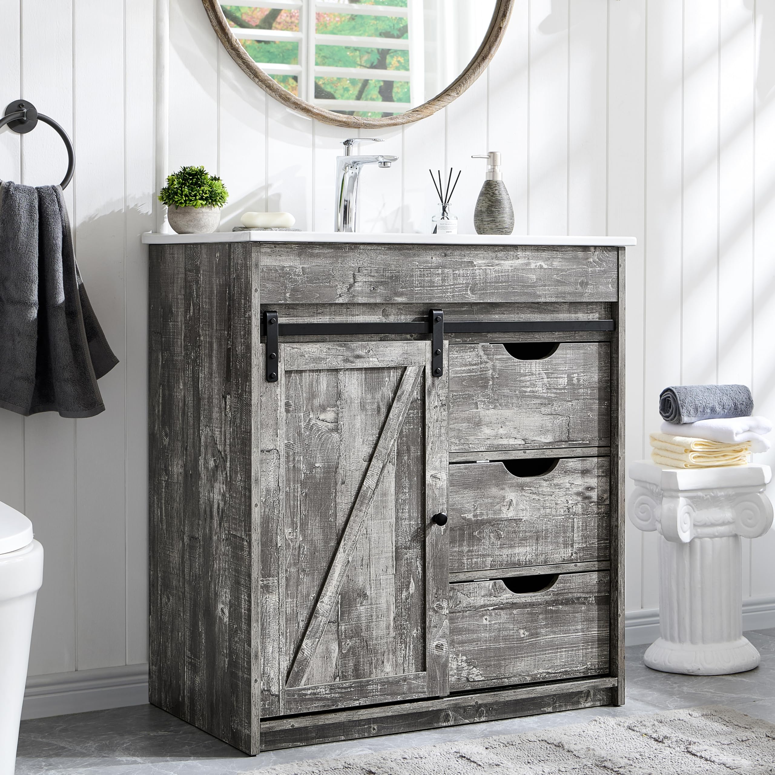 Buy 30" Farmhouse Bathroom Vanity with Sink, Bathroom Vanity w/Sliding ...