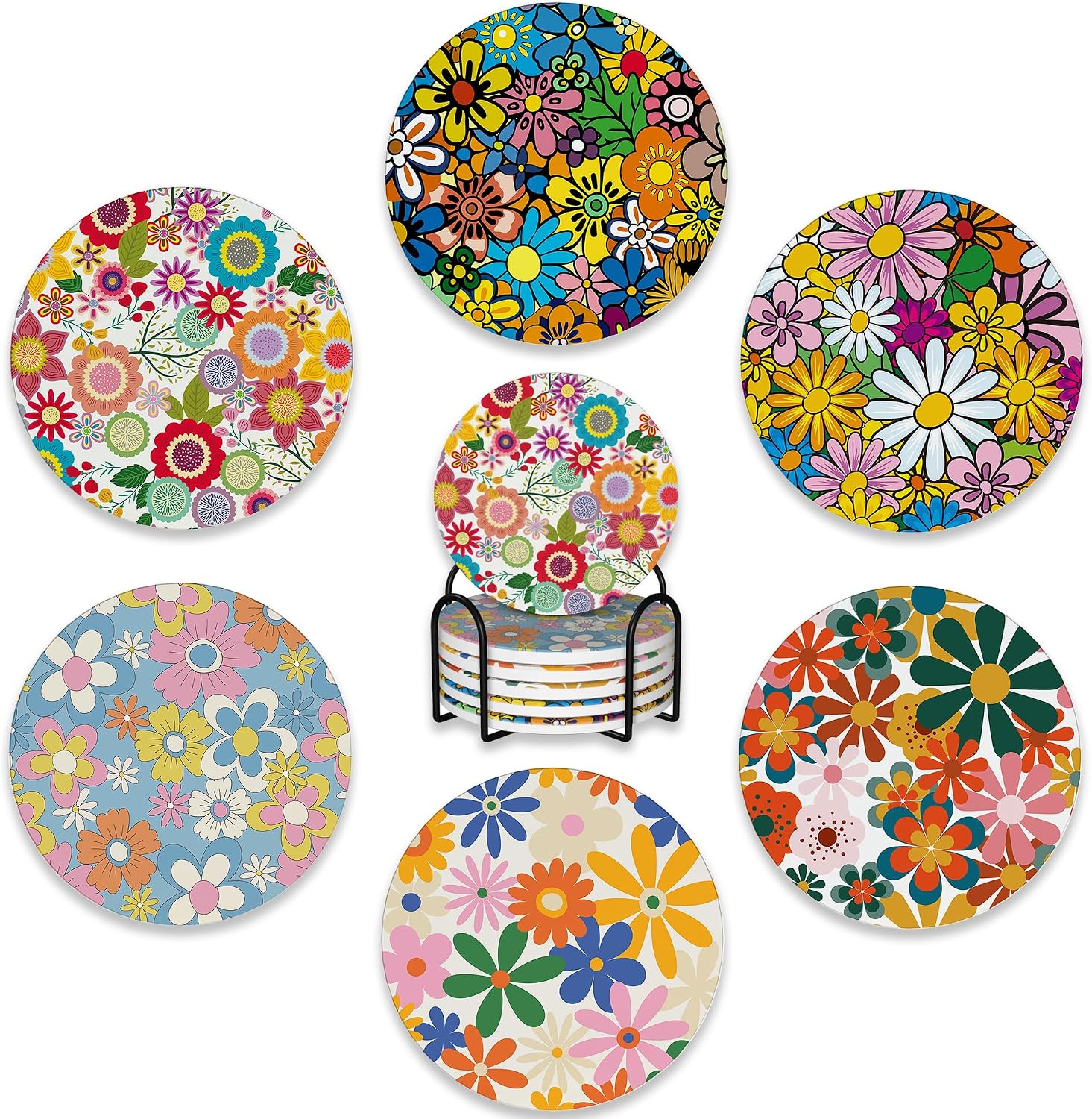Amazon.com: 6 Pcs Coasters for Drinks with Holder,Retro Colorful Daisy ...