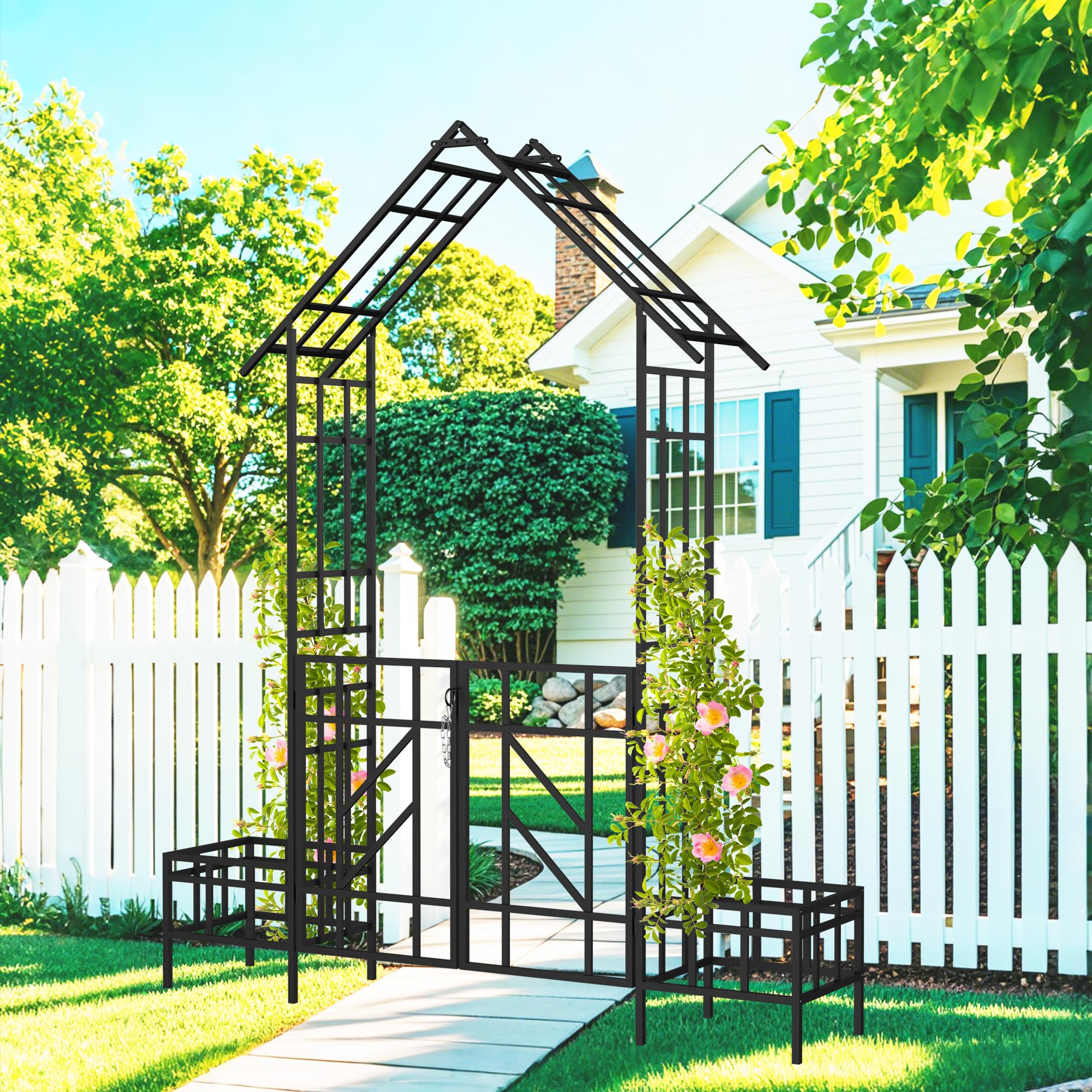 Outsunny Trellis Arch 86.6 In. Metal Garden Arch With Gate, Outdoor ...