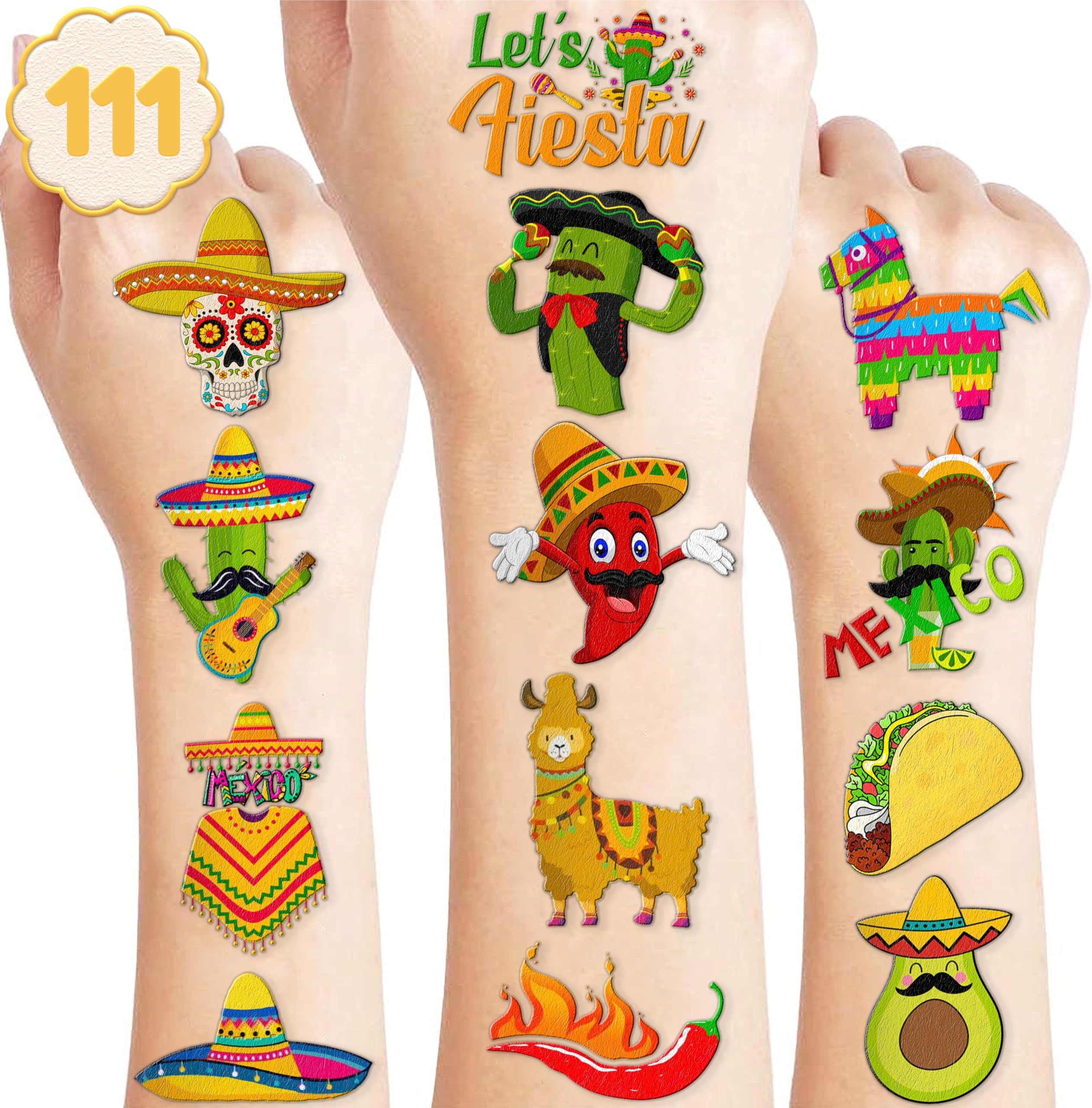 Amazon.com : 111 PCS Mexican Fiesta Temporary Tattoos Stickers Theme ...
