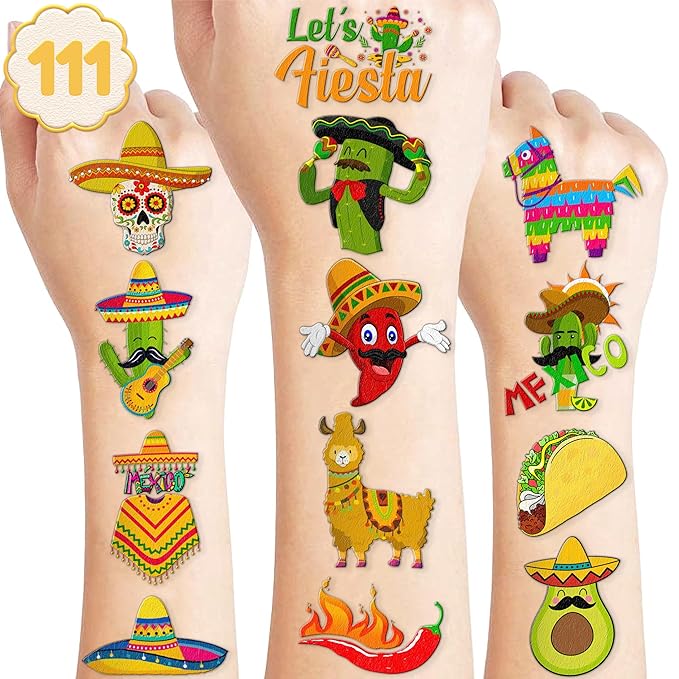 Amazon.com : 111 PCS Mexican Fiesta Temporary Tattoos Stickers Theme ...