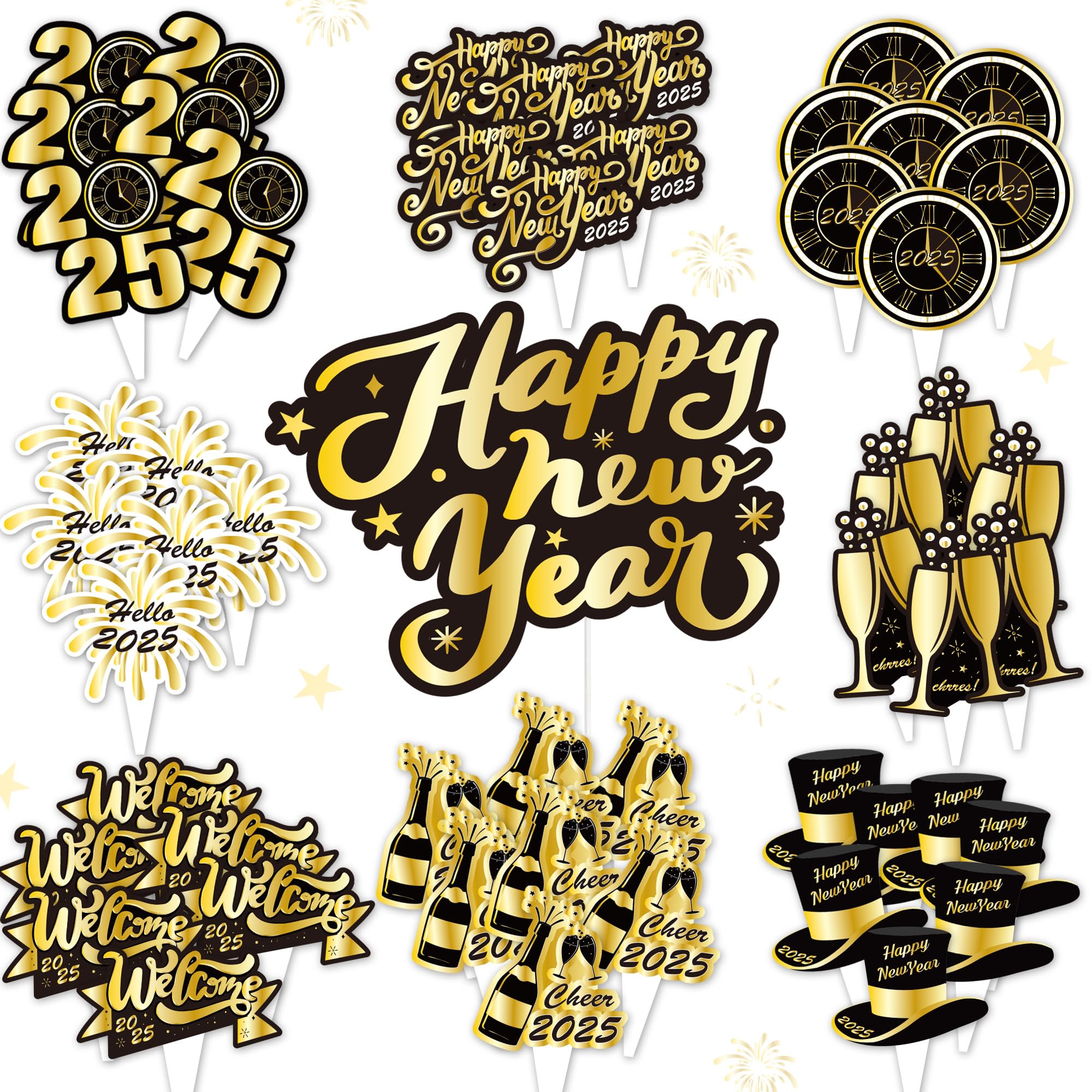 Buy Happy New Year Cake Toppers 73 Pcs Black Gold 2025 Cupcake Toppers ...