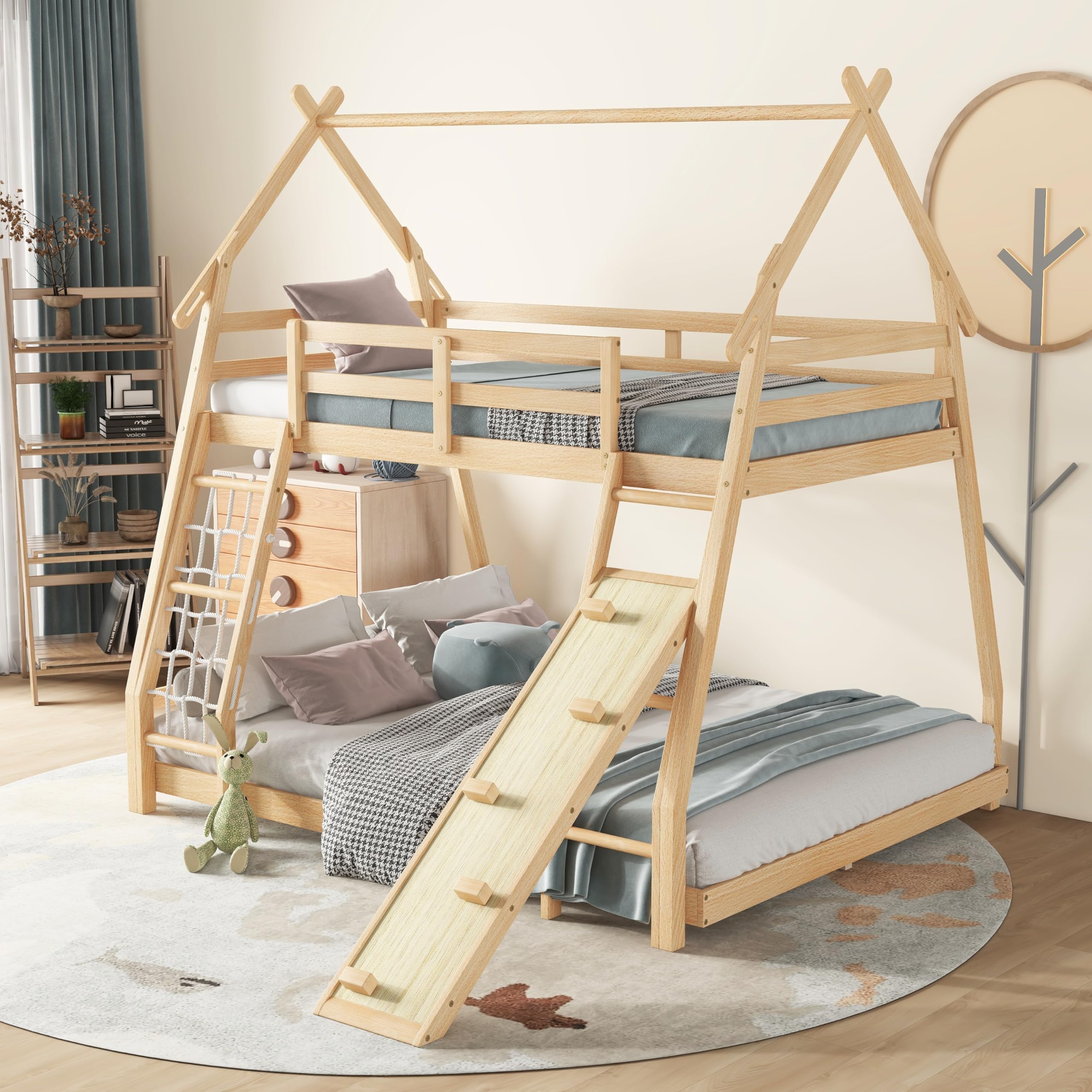Amazon.com: Low Bunk Bed for Kids, Twin Over Queen House Bunk Bed with ...