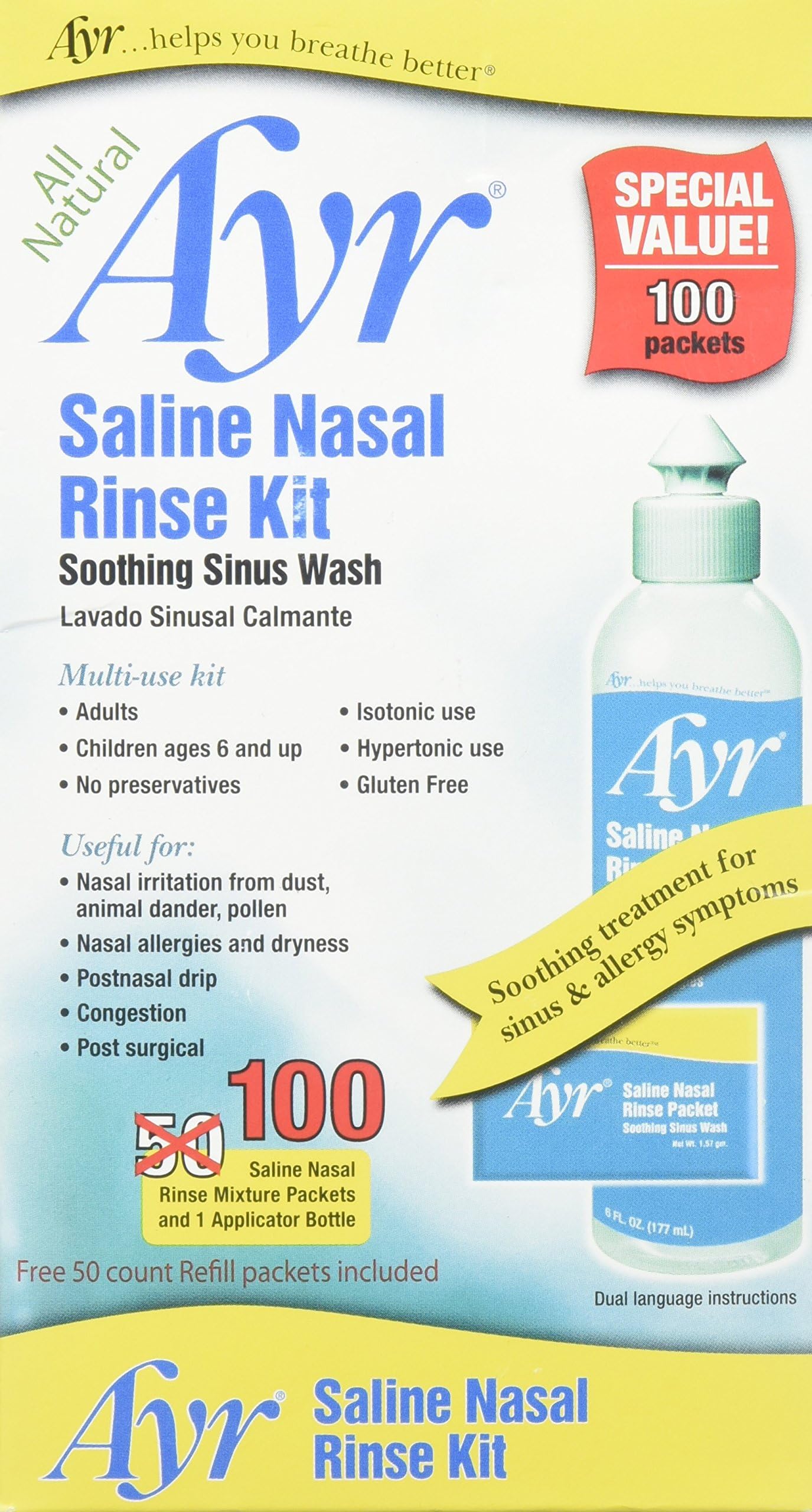 Amazon.com: Ayr Saline Nasal Rinse Kit, 100 ct : Health & Household