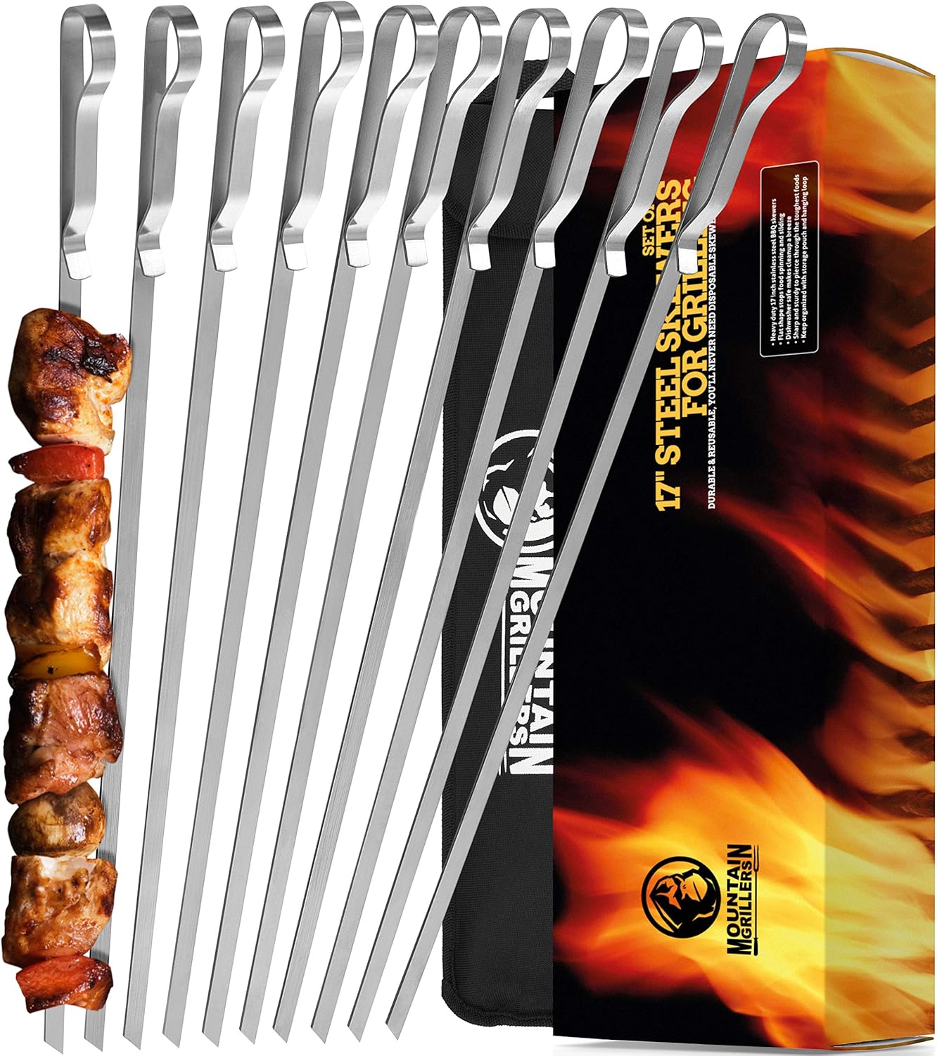 Amazon.com: BBQ Grilling Kabob Skewers - 17” Stainless Steel - Long ...