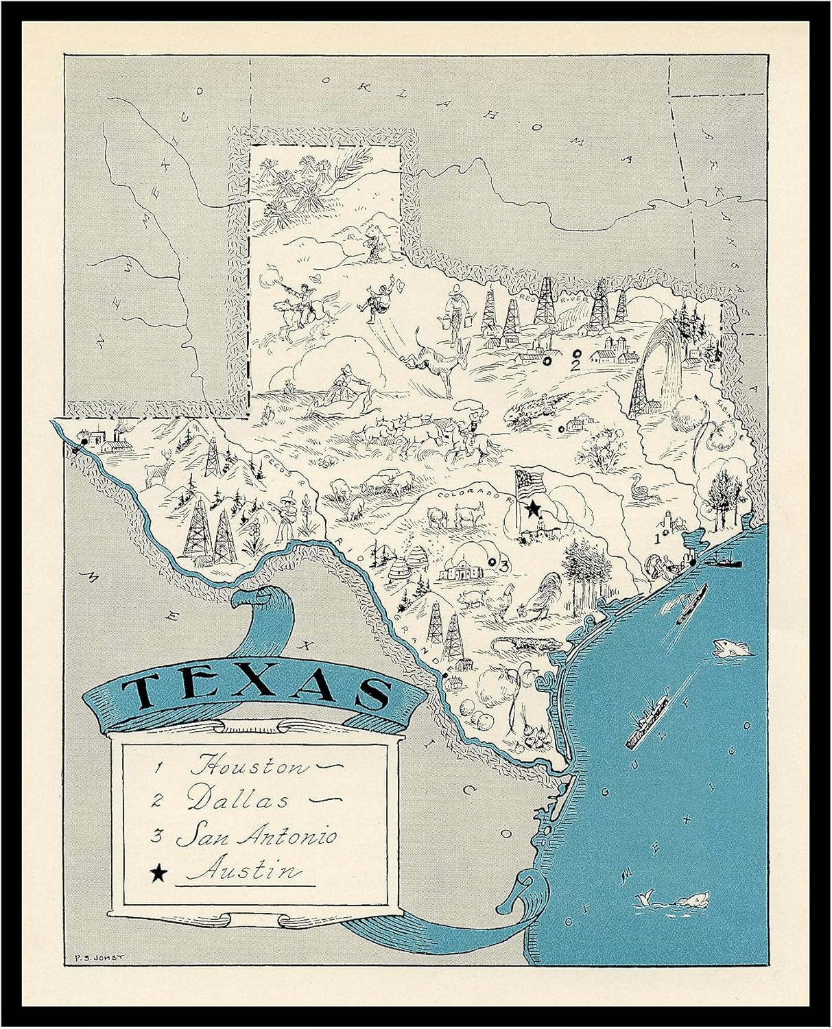 Amazon.com: Poster Master Vintage Map Poster - Retro Texas Map Print ...