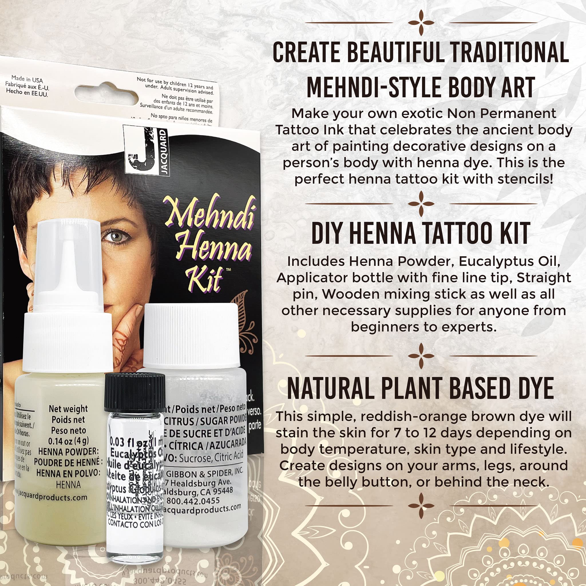 Jacquard Mehndi Henna Tattoo Kit for Beginners - Temporary Tattoo Ink ...
