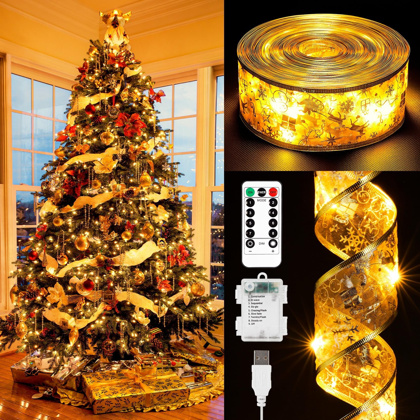Amazon.com: 2 Pack 32.8 Feet Christmas Ribbon Lights 100 LED Battery ...