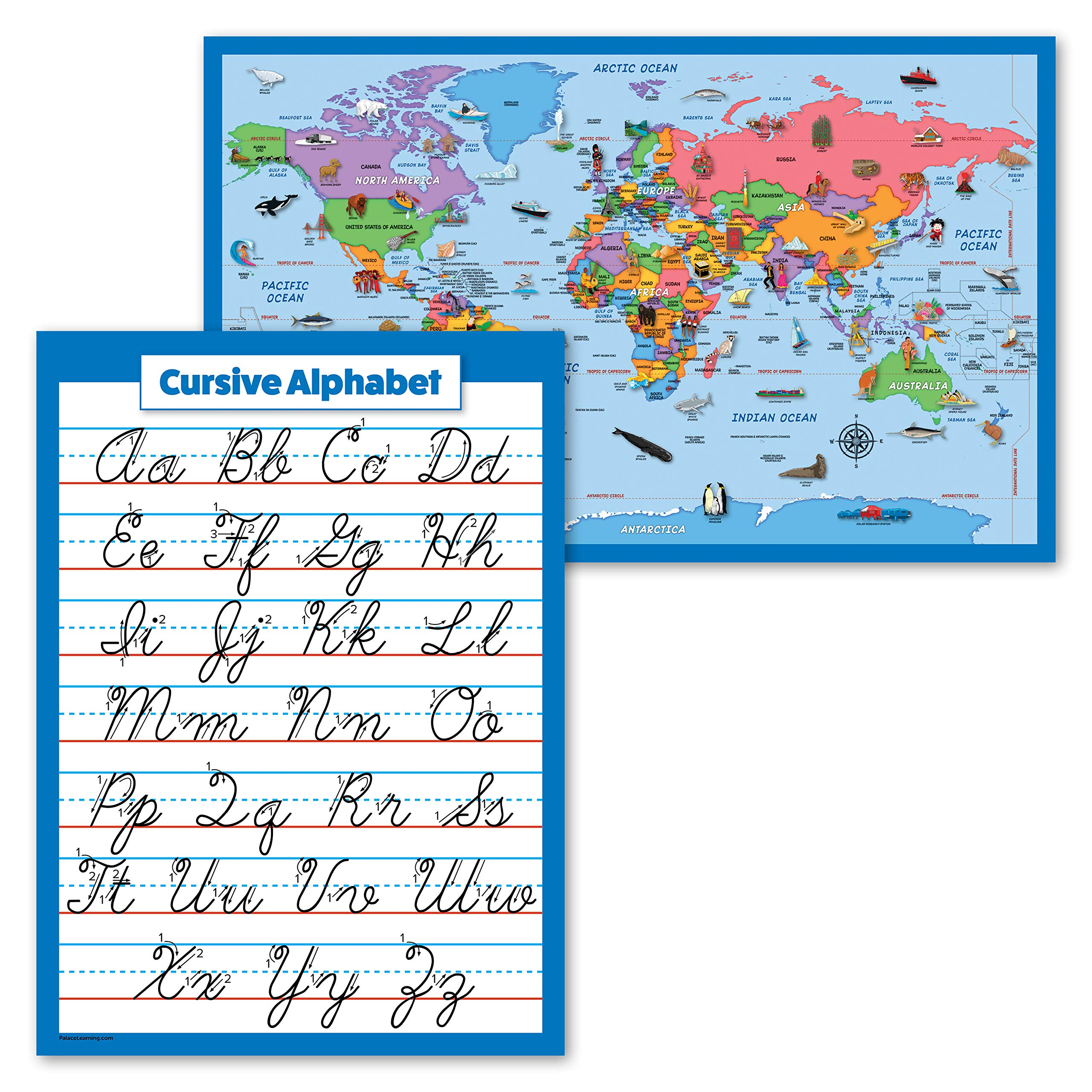2 Pack World Map Poster For Kids Illustrated Cursive Abc | Desertcart ...