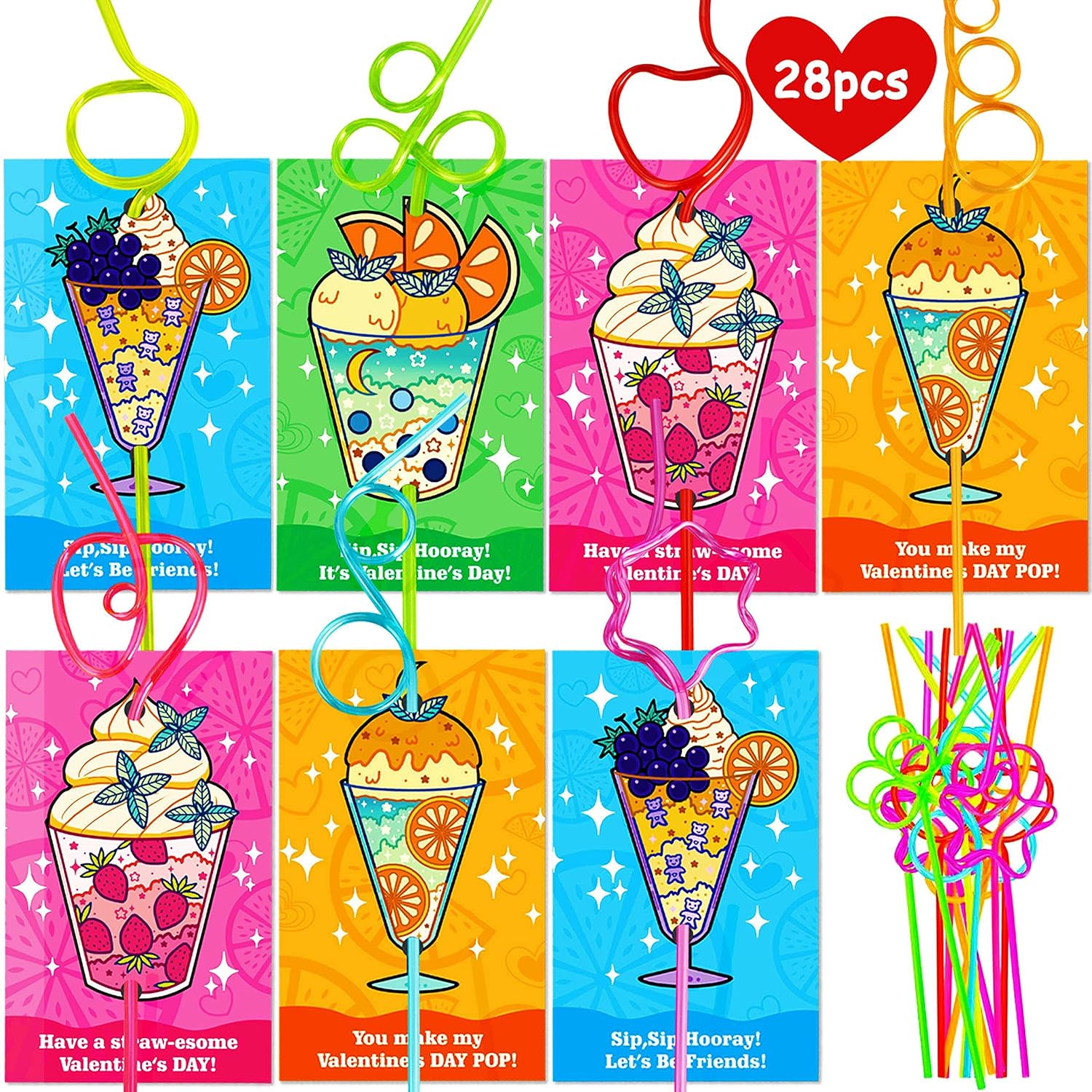 Amazon.com: 28PCS Crazy Straws Valentines Day Cards for Kids, Reusable ...