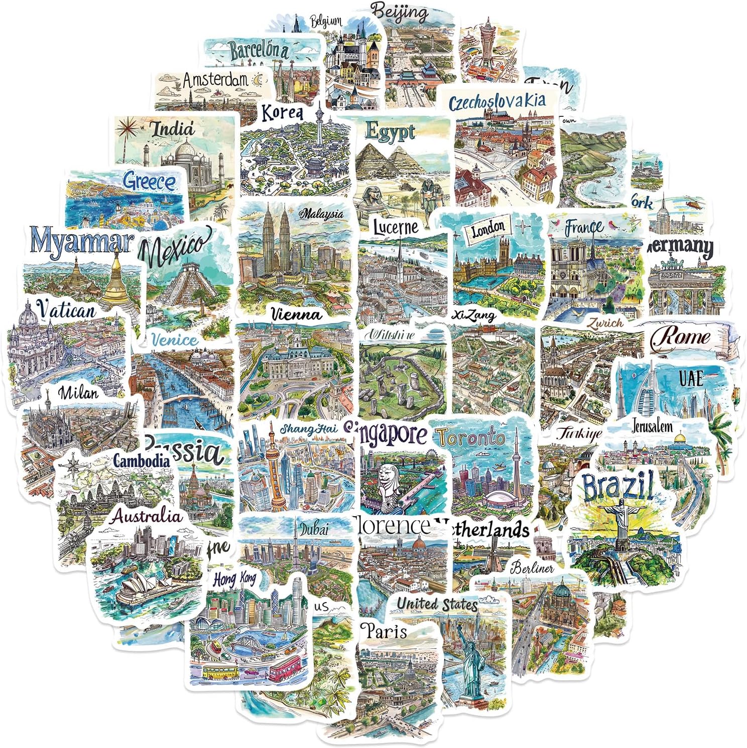 Amazon.com: 50Pcs World Travel Map Sticker, Graffiti Hand-Drawn World ...