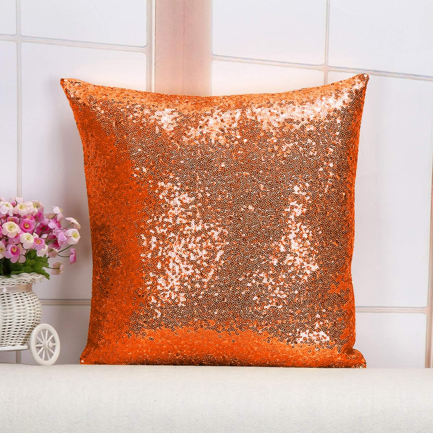 Amazon.com: ShinyBeauty Throw Pillow 12X12-Orange Sequin Cover for Sofa ...