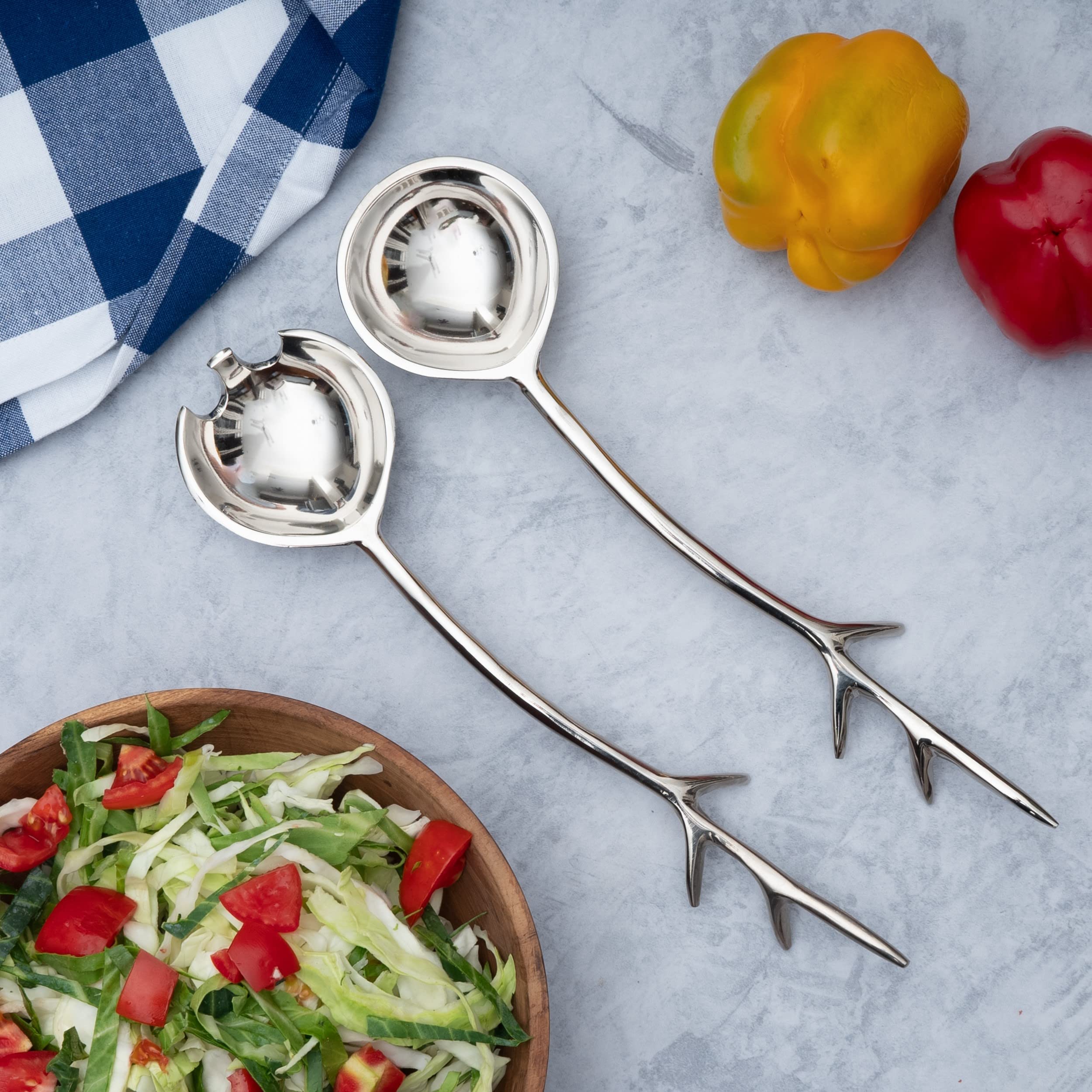 Twig Salad Servers Brass & Stainless Steel, Fork & Spoon Set Leaf ...