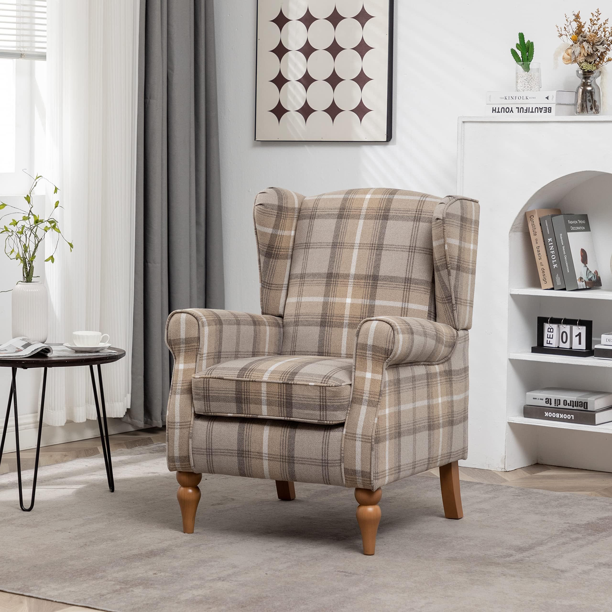Retro Accent Chair, Wingback Tartan Armchair Soft Padded, Retro Check ...