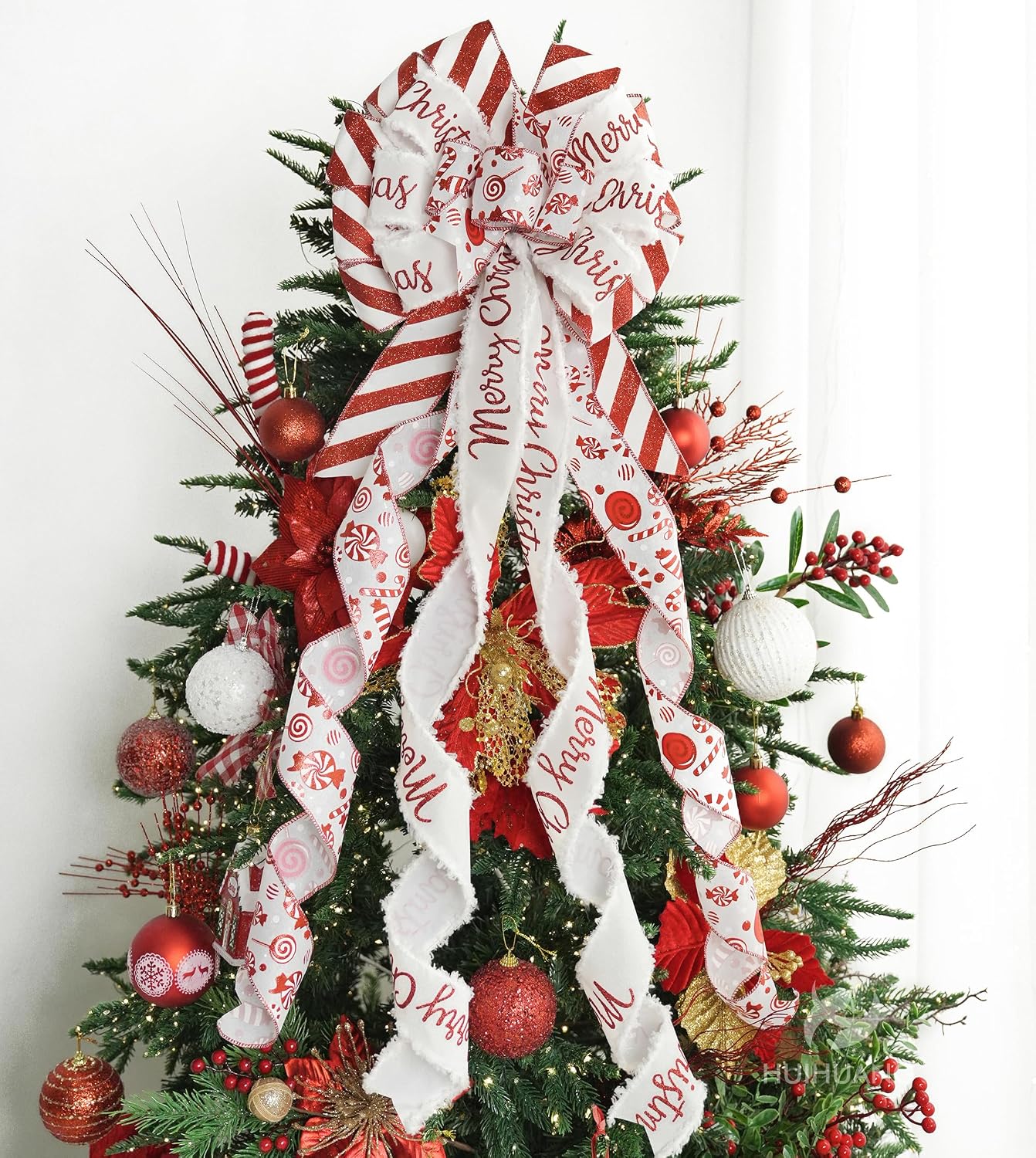 Amazon.com: HUIHUANG Red Christmas Tree Topper Bow 13 inch x 45 inch ...