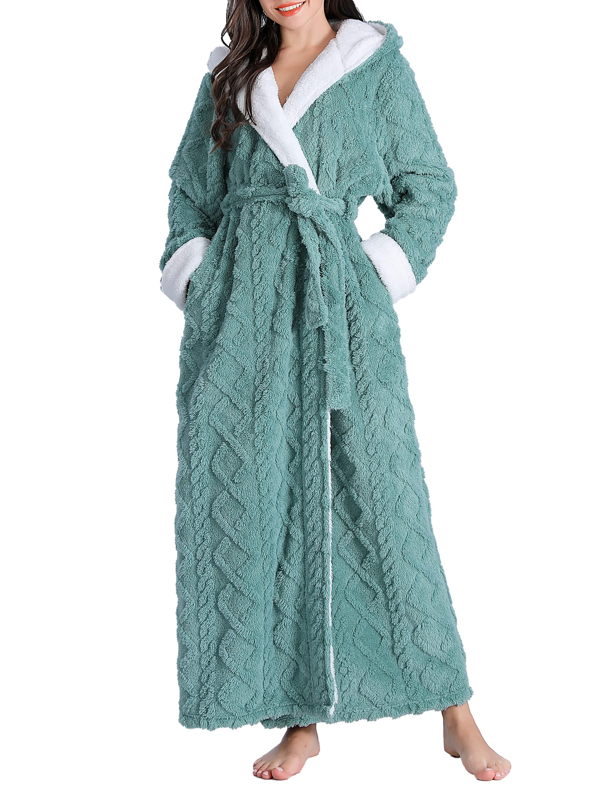 Flygo Womens Fuzzy Plush Long Hooded Robe Full Length Flannel Fleece ...