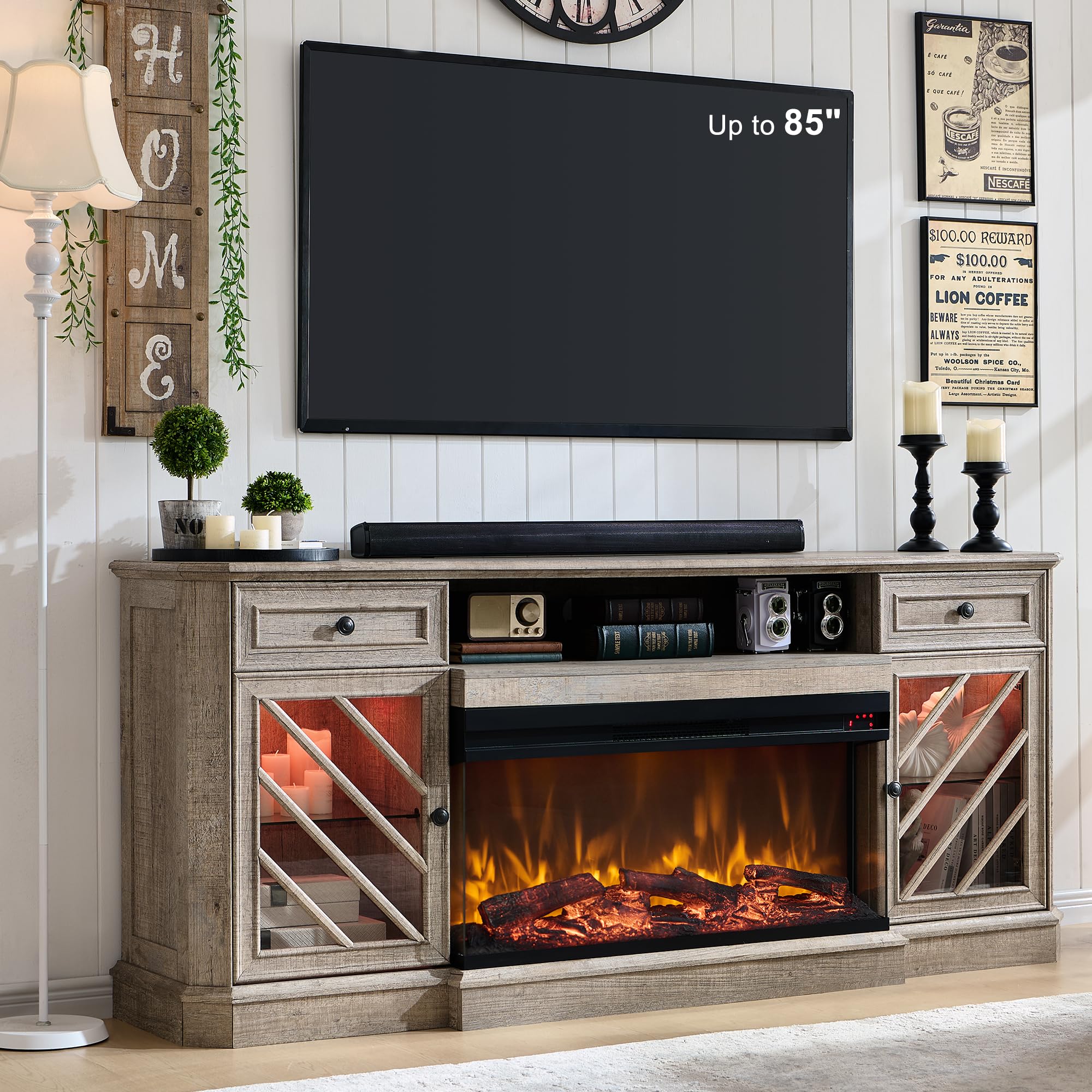 Amazon.com: OKD 75 Inch 3-Sided Electric Fireplace TV Stand for TVs up to 85'',Modern Highboy ...