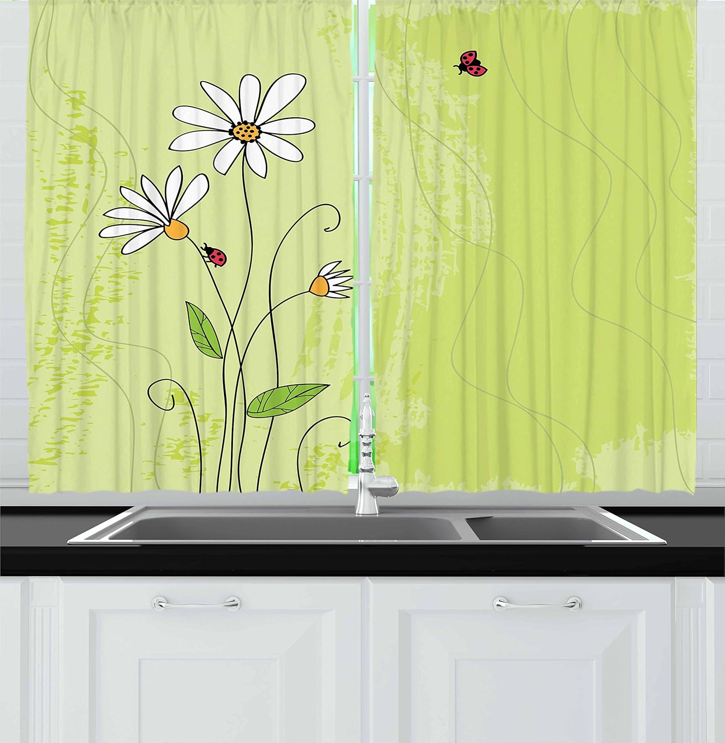 Amazon.com: Ambesonne Daisy Kitchen Curtains, Hand Drawn Style Chamomile Flowers on Green ...