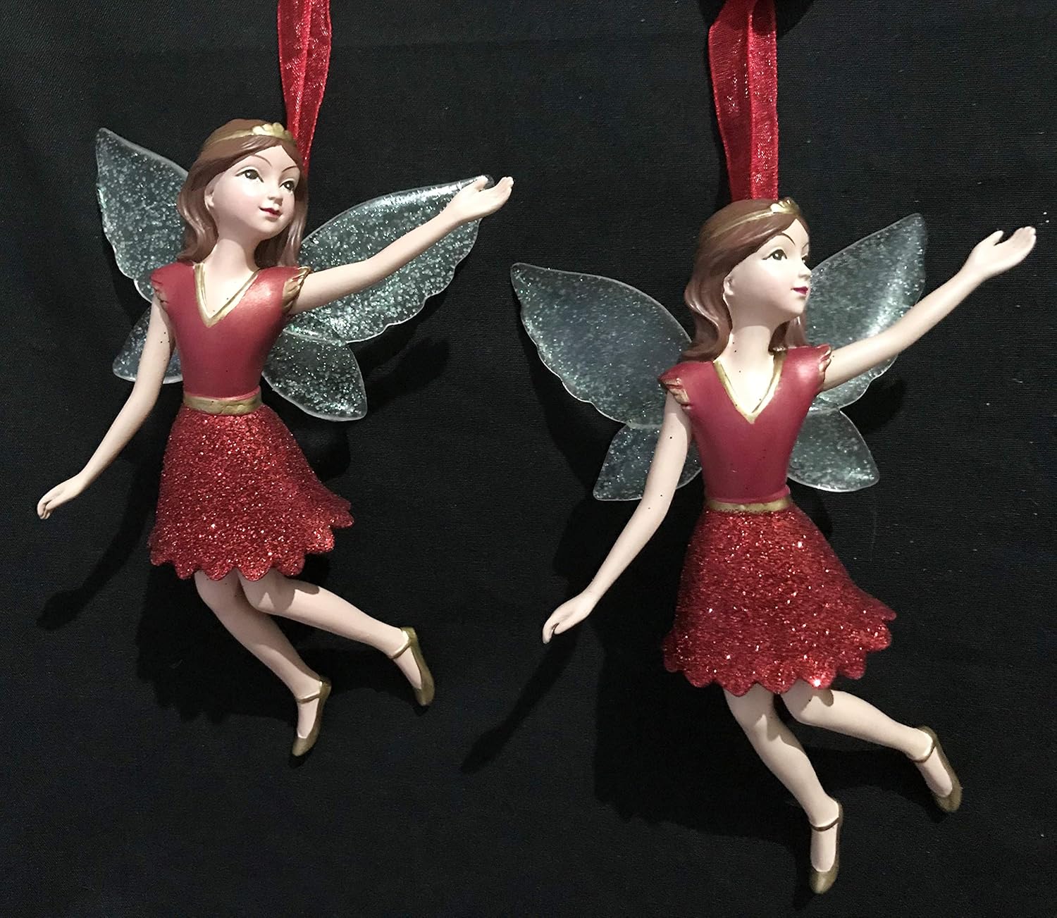 2 x Red and Gold Flower Fairy Hanging Christmas Tree Decoration ...