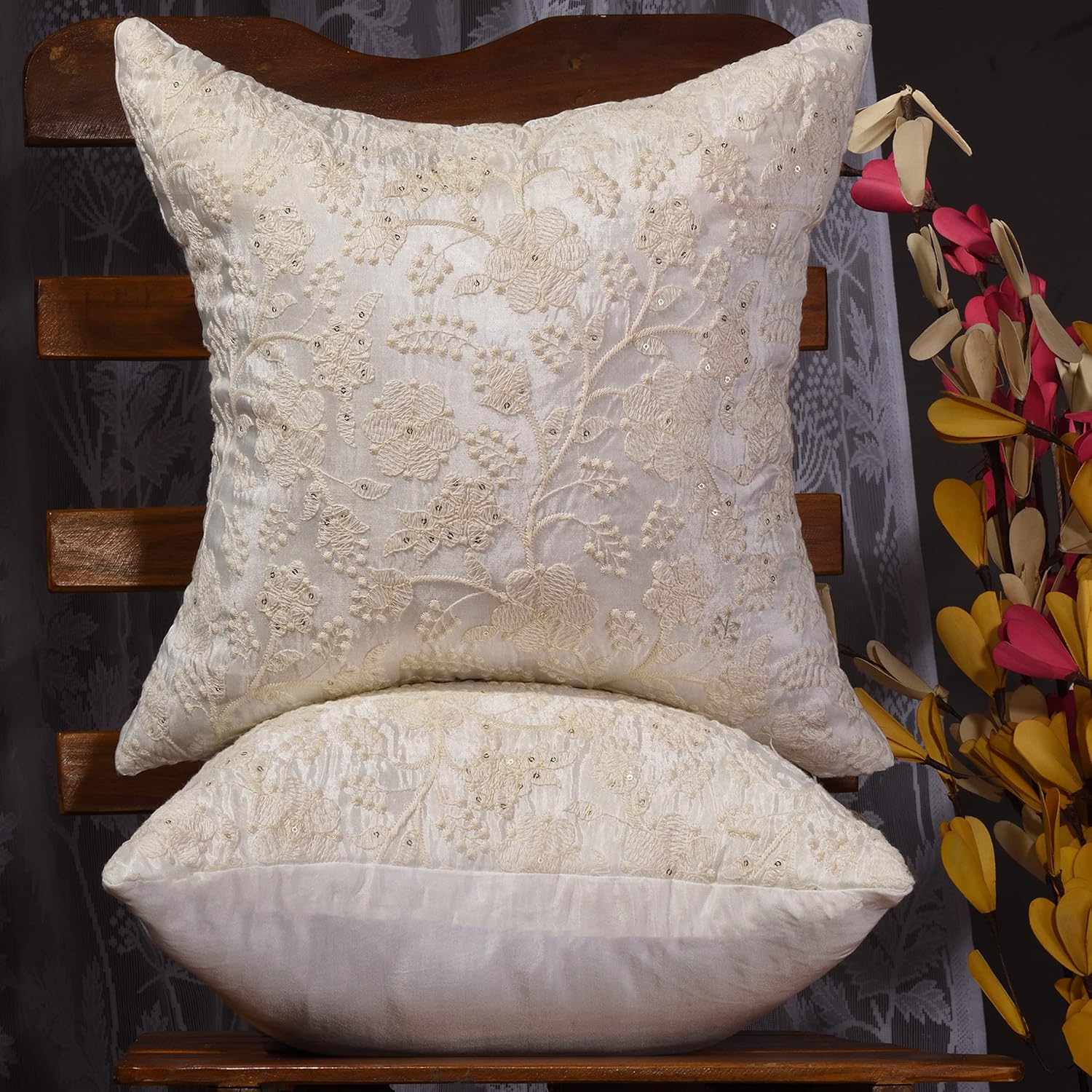 Buy SCARLETT LINENS Silk Embroidered Cushion Covers Set of 2, White ...