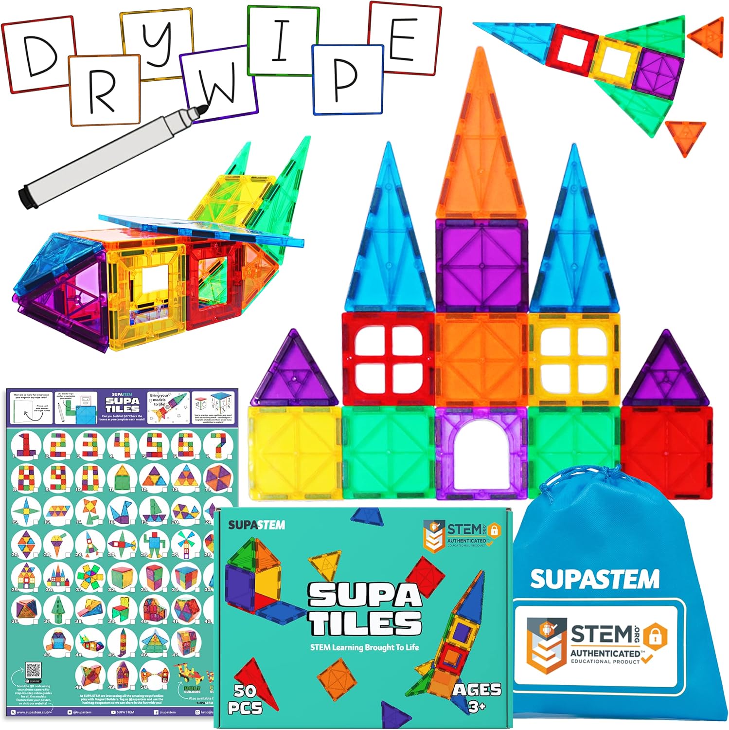 Amazon.com: SUPA STEM Magnetic Tiles Set - Magnetic Building Blocks For ...