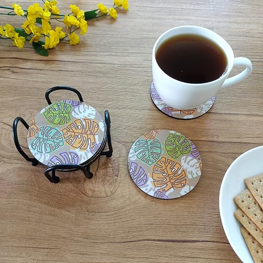 Picrazee Wooden Coaster Set of 6 with Wrought Iron Coaster Stand ...