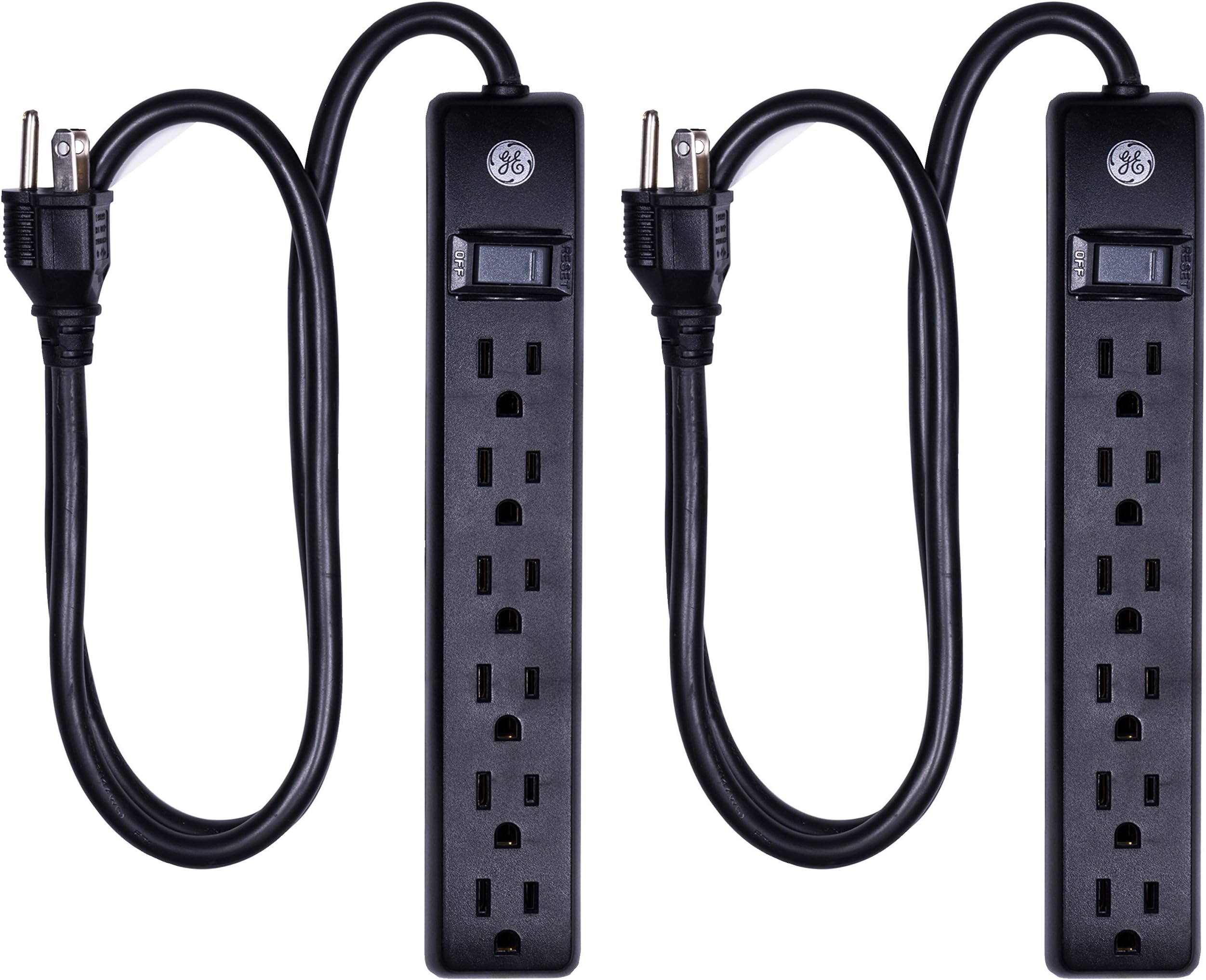 GE 6 Grounded Outlet Surge Protector, 450 Joules, 2 Pack Power Strip, 3 ...