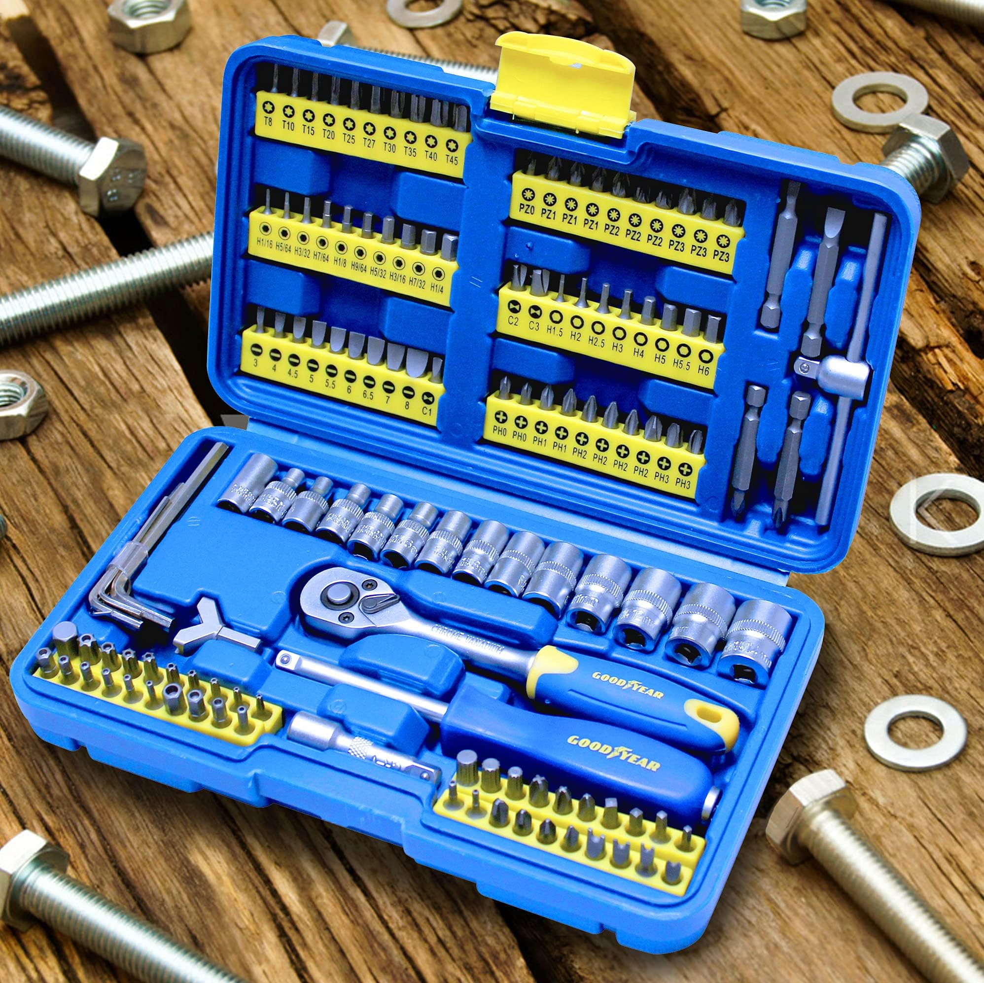 Goodyear 130pc Socket Set + Screwdriver Bits Set Including 72-Teeth ...