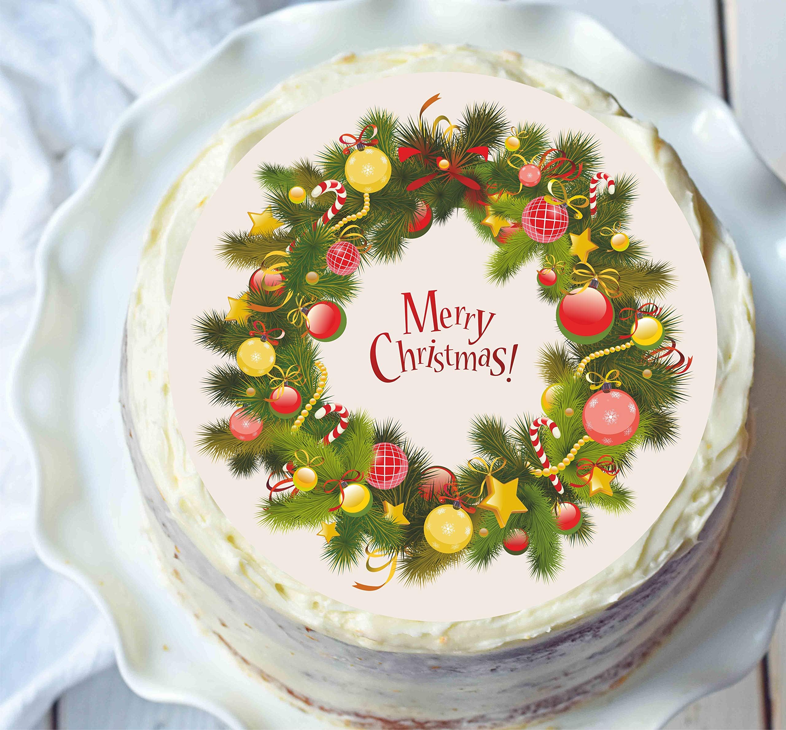 Merry Christmas with Wreath Round Circle Cake Edible Icing or Wafer ...