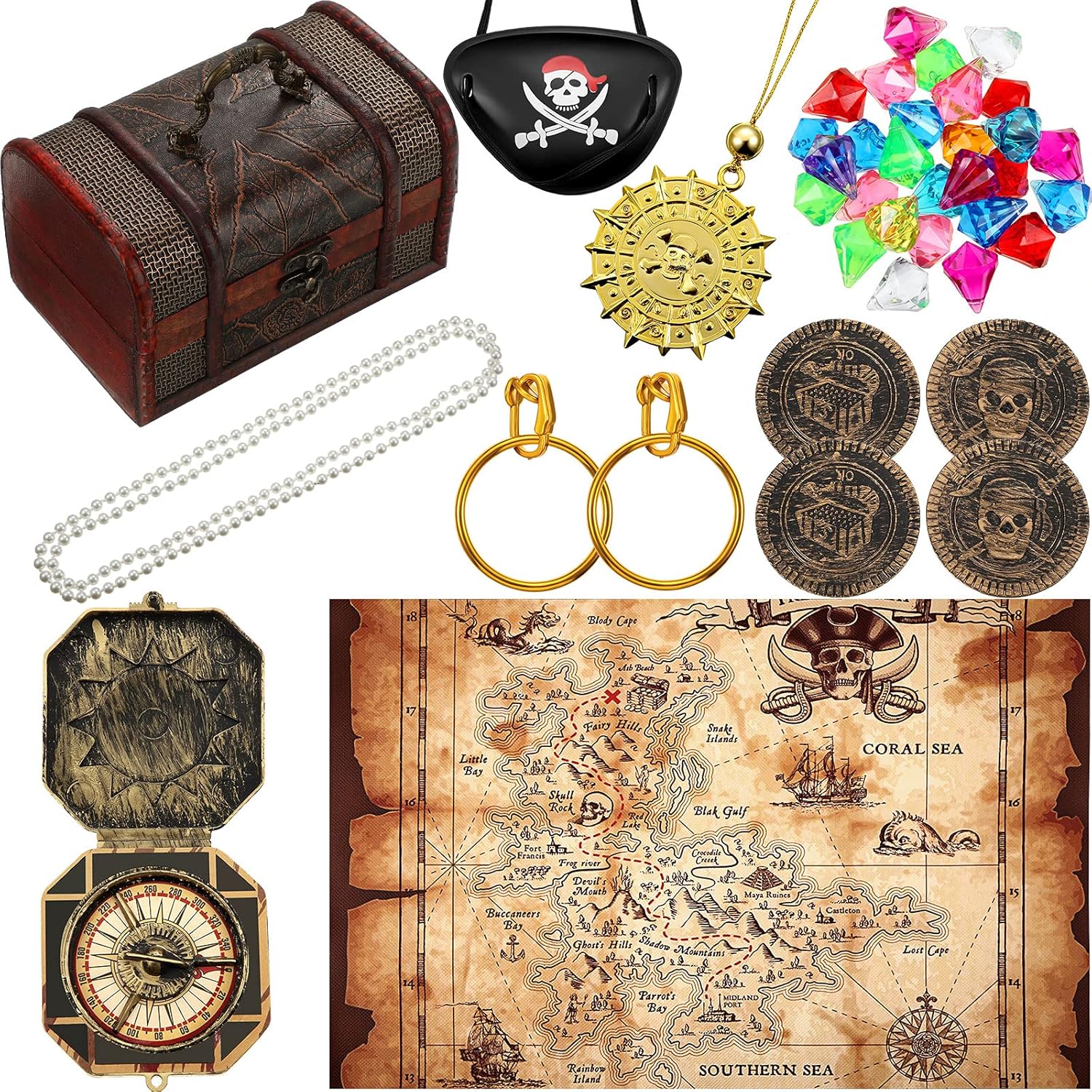 89 Pieces Pirate Treasure Chest Toy Kit Vintage Pirate Treasure Chest ...