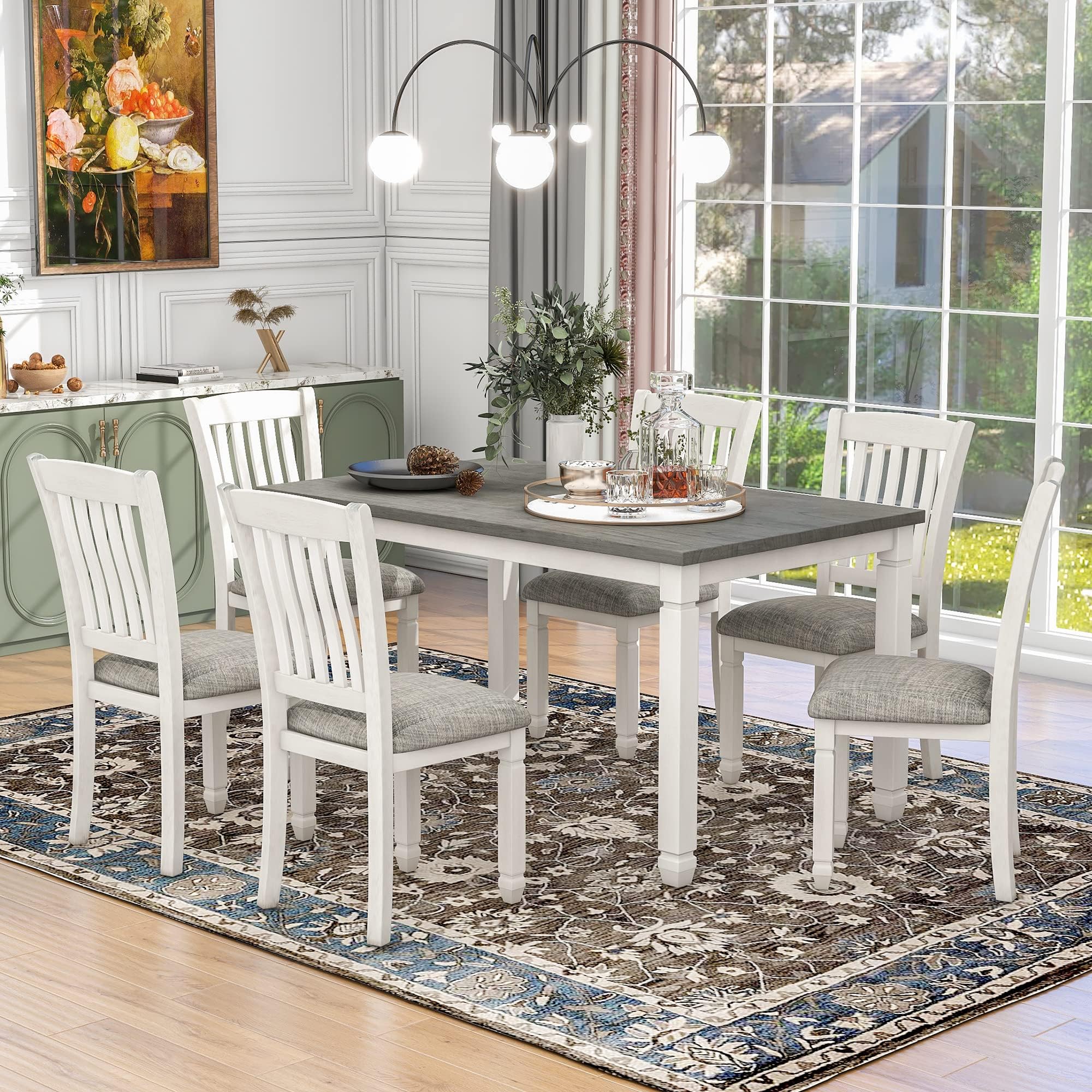 Amazon.com - Merax 7-Piece Wood Table Set with 6 Upholstered Chairs ...