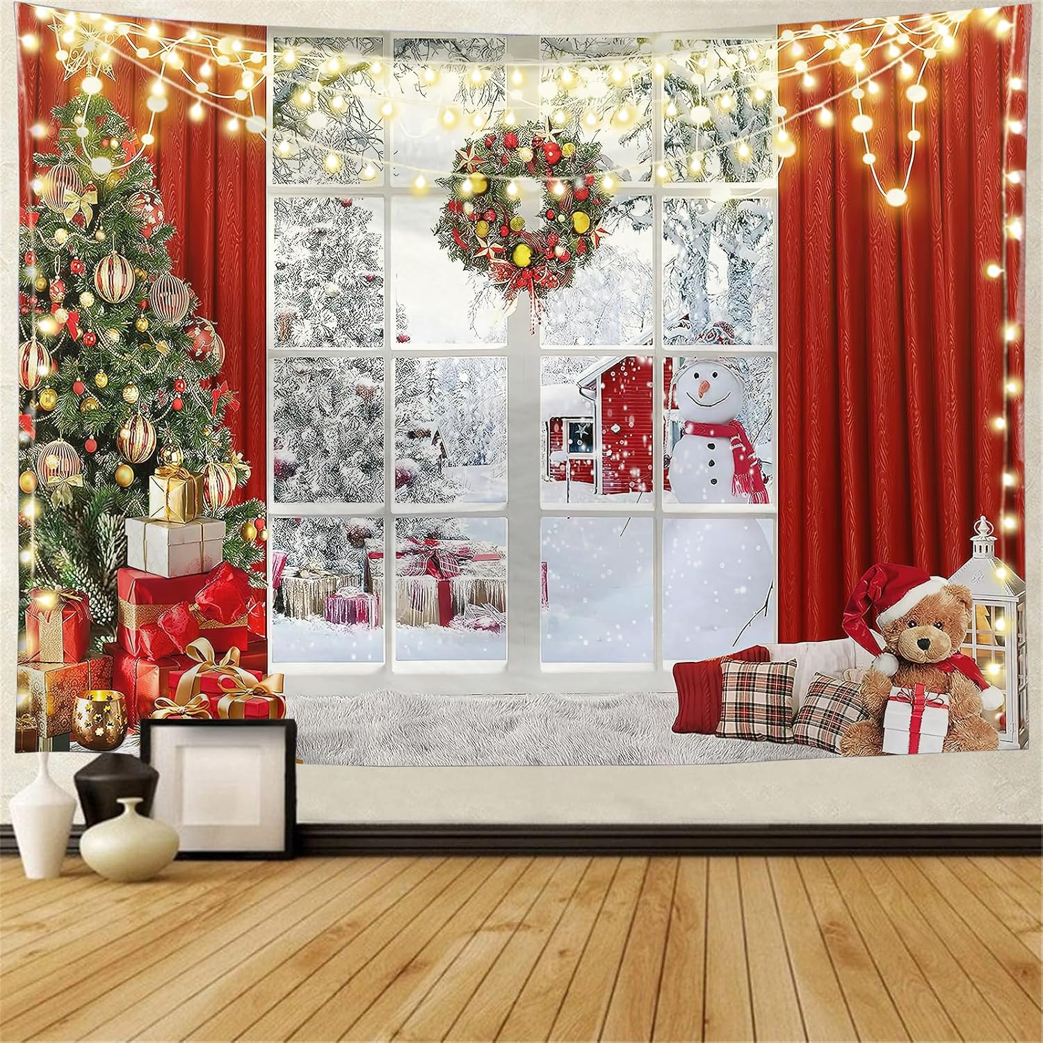 Amazon.com: Jasion Christmas Tapestry Xmas Window Snow Scene Wall ...