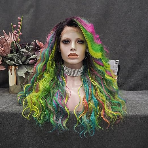 Amazon.com: IMSTYLE Multicolor Lace Front Wigs Rainbow Green Wigs Loose ...