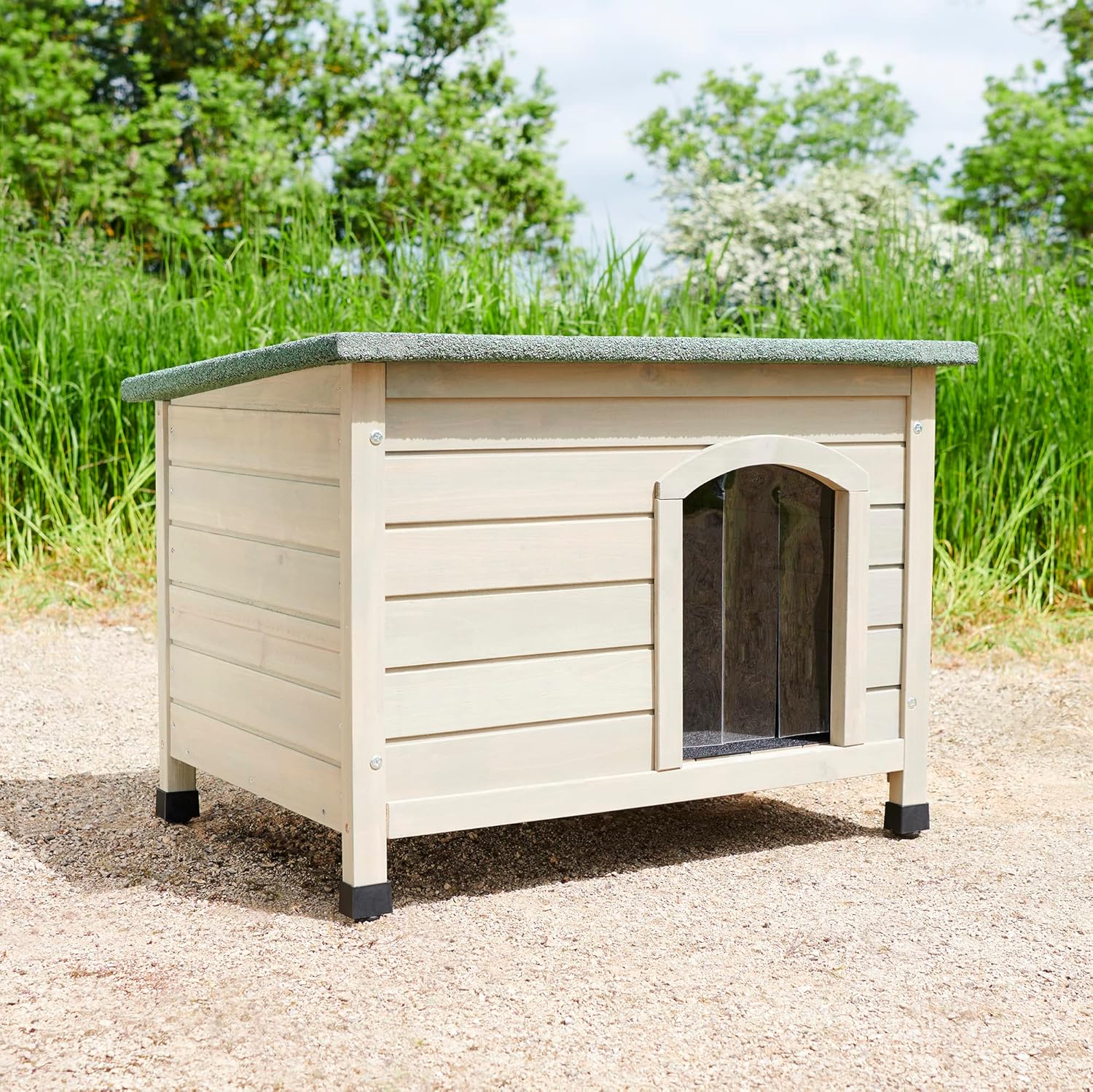 Feel Good Sage Grey Wooden Dog Kennel with Tongue and Groove Panels Includes Lift Up Roof, Rain ...