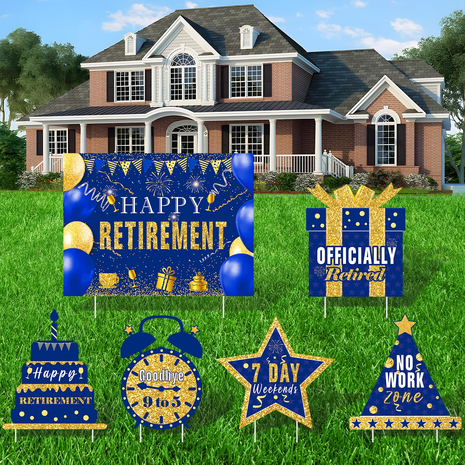 Amazon.com: 6Pcs Retirement Yard Sign Blue Gold Retirement Party ...