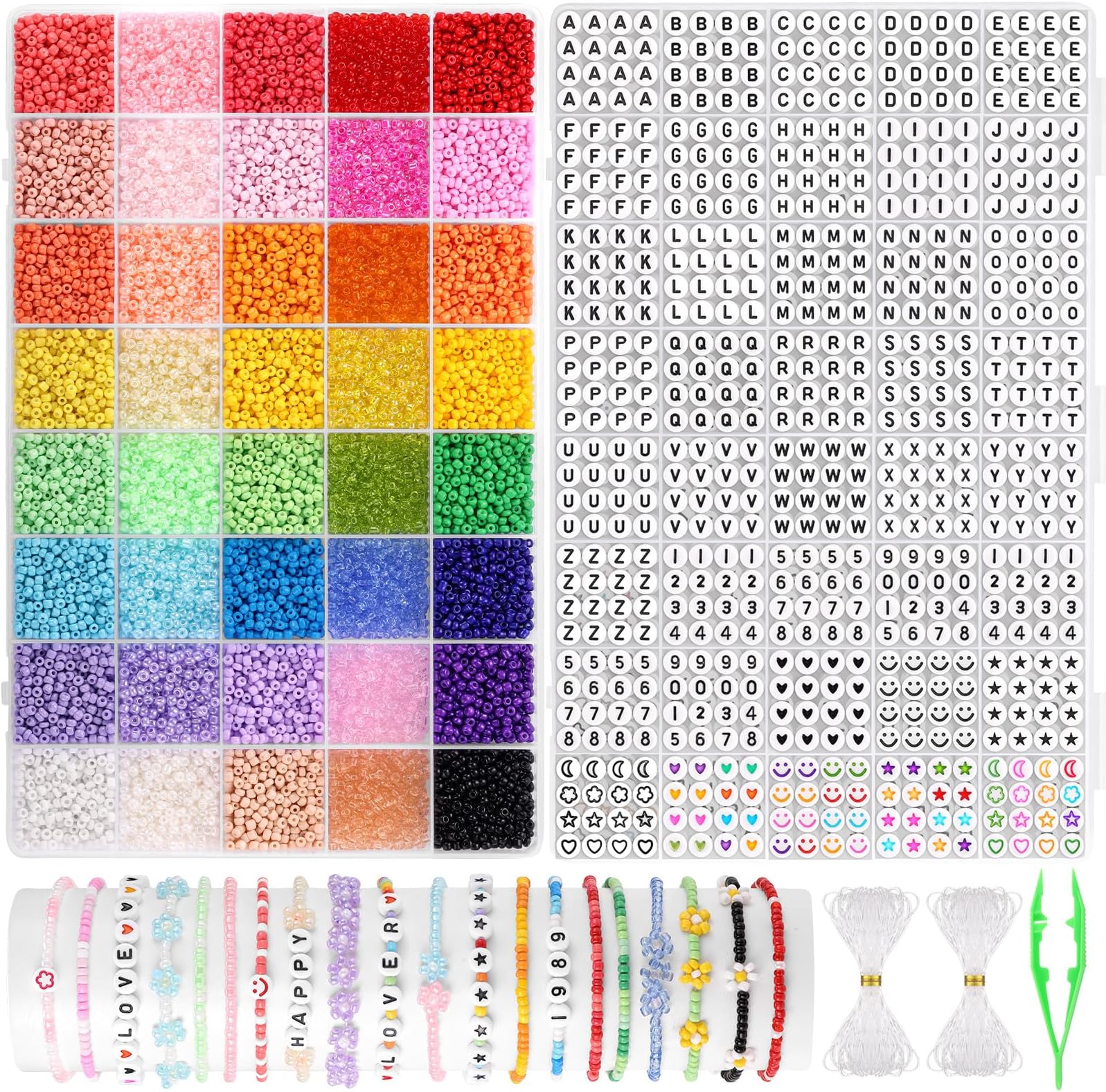 12000pcs 3mm Seed Beads with 960pcs Letter Beads Number Beads, 40 ...